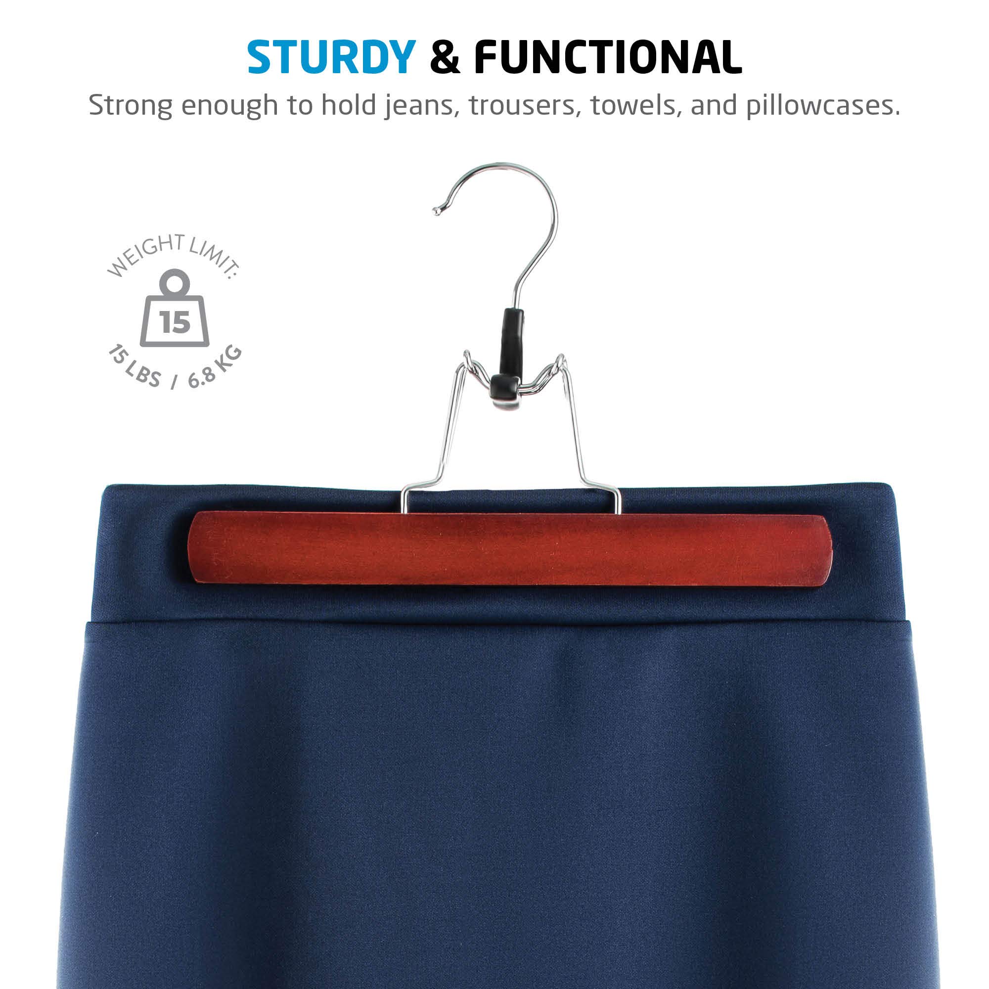 ZOBER High-Grade Wooden Pants Hangers with Clips, 10 Pack, Non-Slip, Space Saver, Rotatable 360 Hook, Smooth Cherry Wood Finish