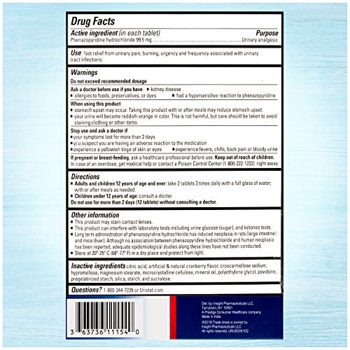 Uristat Ultra UTI Pain Relief Tablets, Fast Urinary Tract Infection Relief of Urinary Pain, Burning, Urgency, Maximum Strength, Cranberry Flavored Coating, 30 Tablets