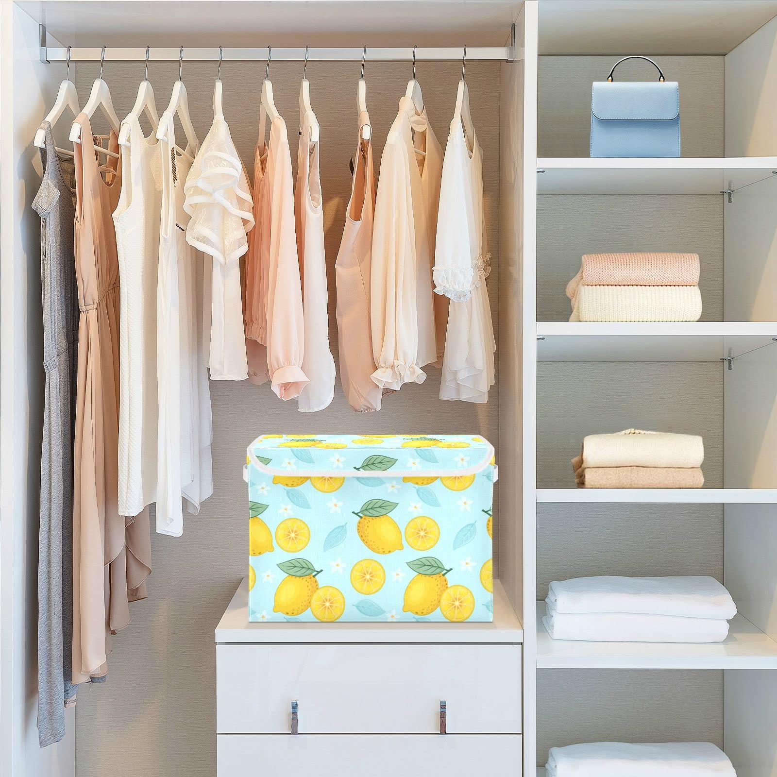 Tatenale Collapsible Storage Bins with Lids Decorative Fabric Storage Cubes Closet Organizer and Storage Basket Boxes Containers for Clothes Box Chest Nursery Folding Rectangle Lemon Light Blue