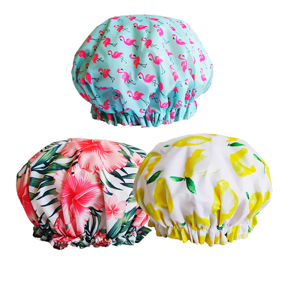 Shower Cap 3 PACK, Double Layers Bath Cap with Adjustable Elastic Band, Stylish Shower Cap for Women Long Thick Hair (Unicorn,Floral,Lemon)
