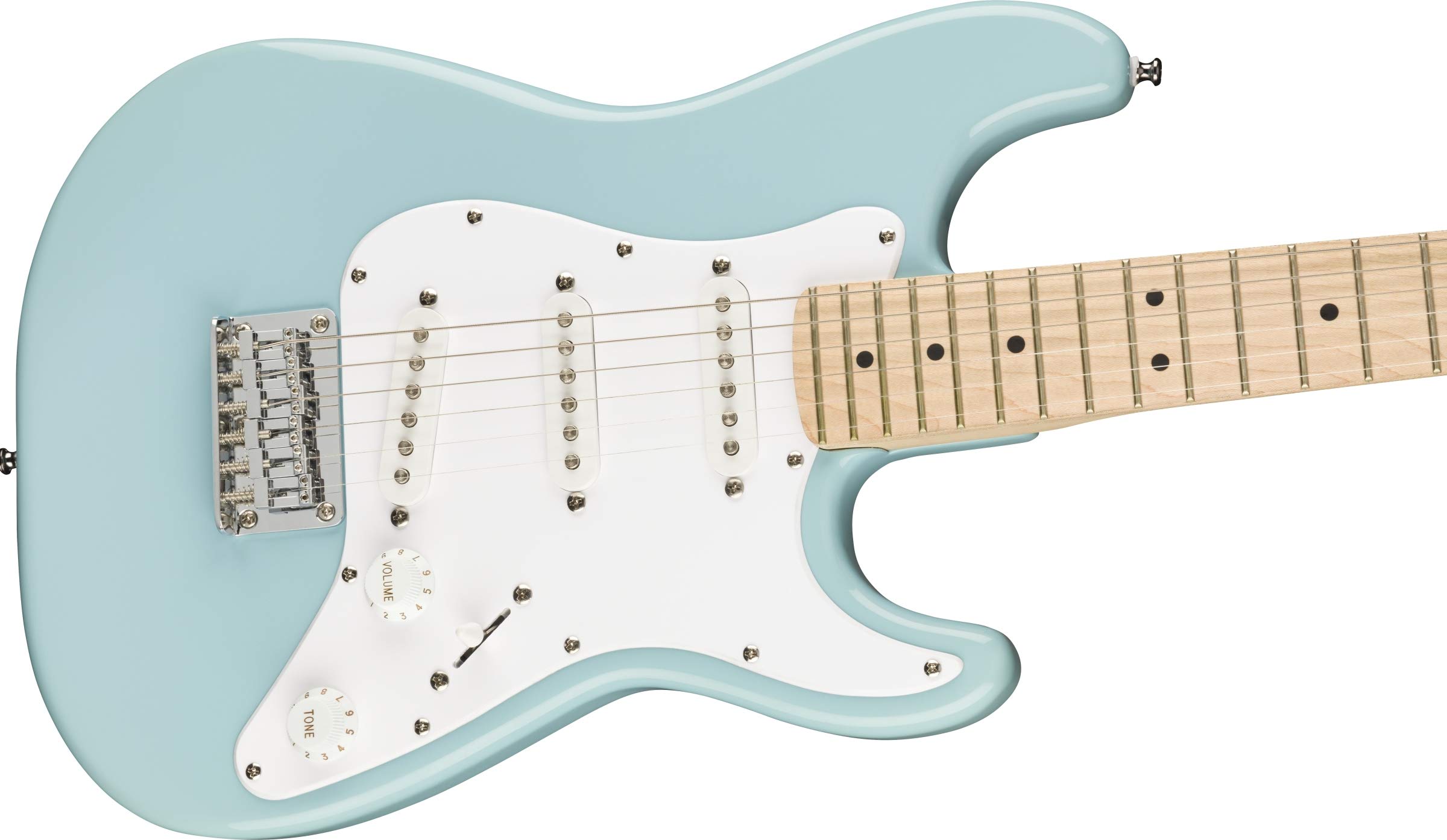 Squier Mini Stratocaster Electric Guitar, Daphne Blue, Maple Fingerboard
