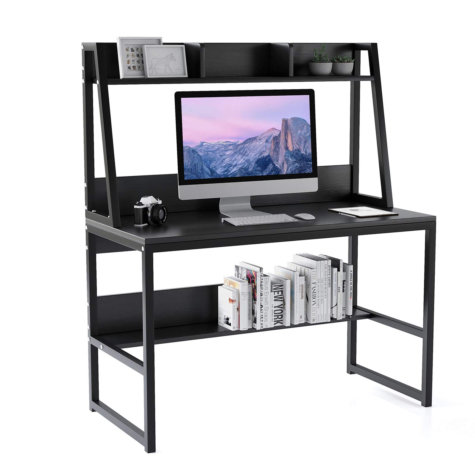 Twomaples Computer Desk with Hutch and Bookshelf - 47.2 inch Writing Study Desk for Home Office Sturdy Study Desk for Small Spaces Modern Wood Desk with Steel Frame Black