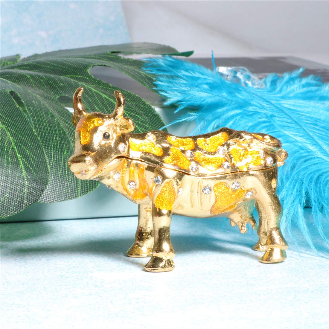 Waltz&F Golden Bull Hinged Trinket Box Bejeweled Hand-Painted Ring Holder Animal Collectible Figurine Decoration