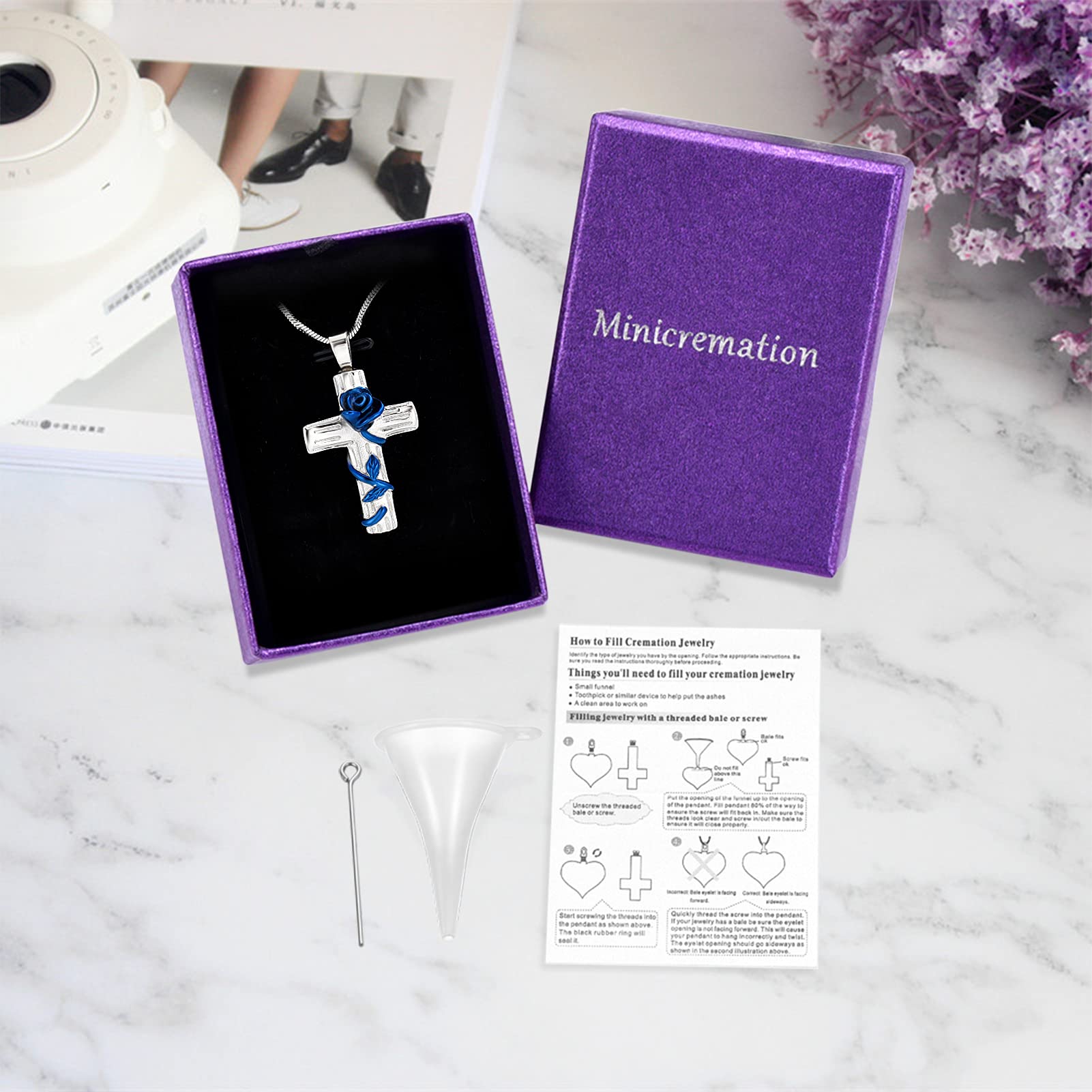 Urn Necklace for Ashes Rose Flower Cross Cremation Jewelry Pendant for Human/Pet Funeral Keepsake Memorial Necklace(Blue)