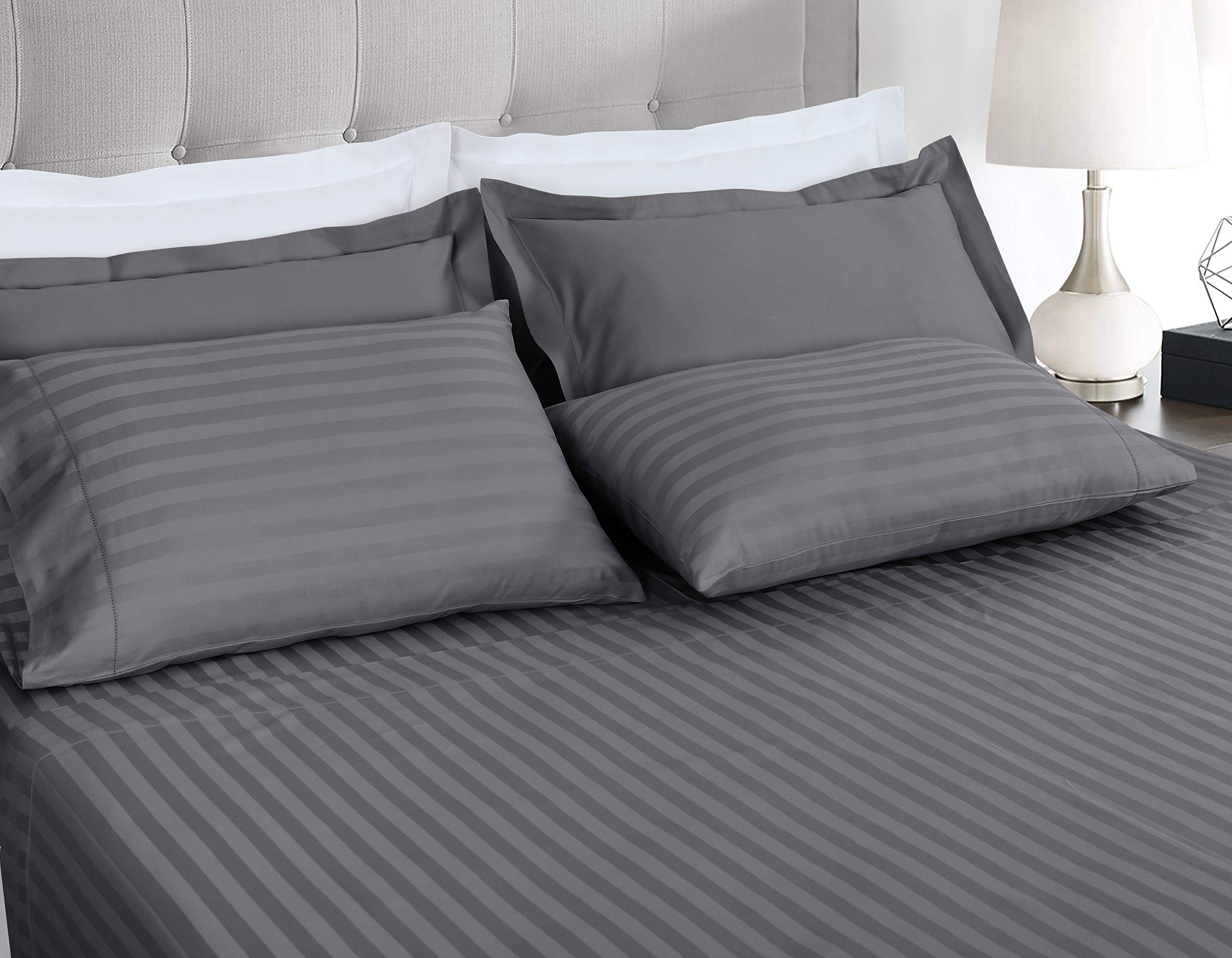 Threadmill 500 Thread Count Queen Size Damask Stripe, 4 Pc Luxury Cotton Sheet Set, Silky Smooth Dark Grey Sheets with 16" Elasticized Deep Pocket, 2 Pillowcases & Free Tote Bag