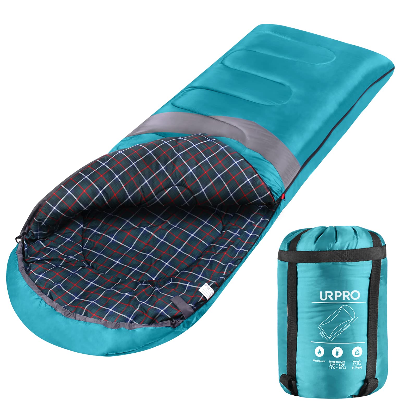URPRO 1.6kg Sleeping Bag 3-4 Seasons Warm Cold Weather Lightweight, Portable, Waterproof Sleeping Bag with Compression Sack for Adults & Kids - Indoor & Outdoor: Camping, Backpacking, Hiking (Blue)