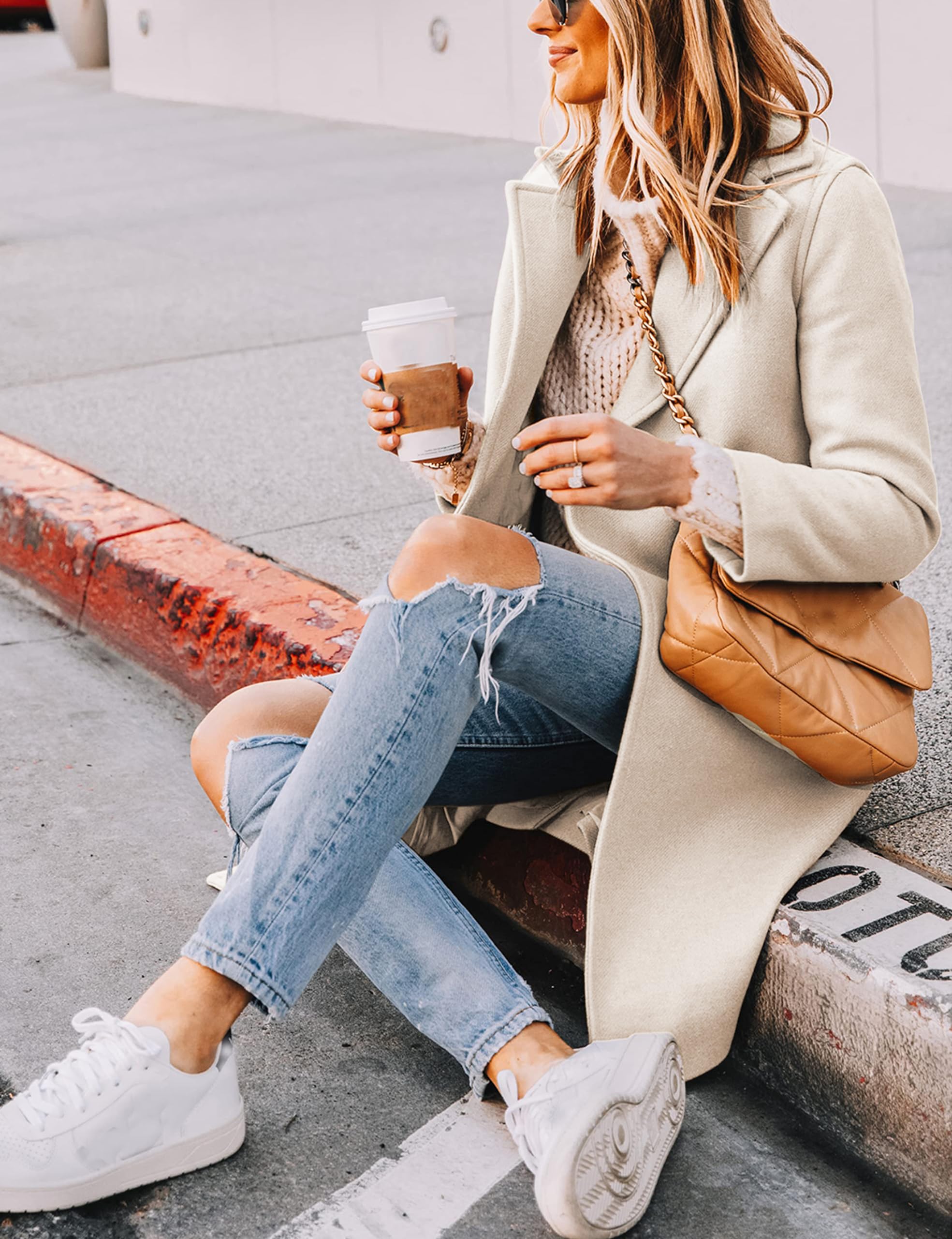 Tanming Women's Notch Lapel Double Breasted Wool Blend Mid Long Pea Trench Coat (Beige-L)