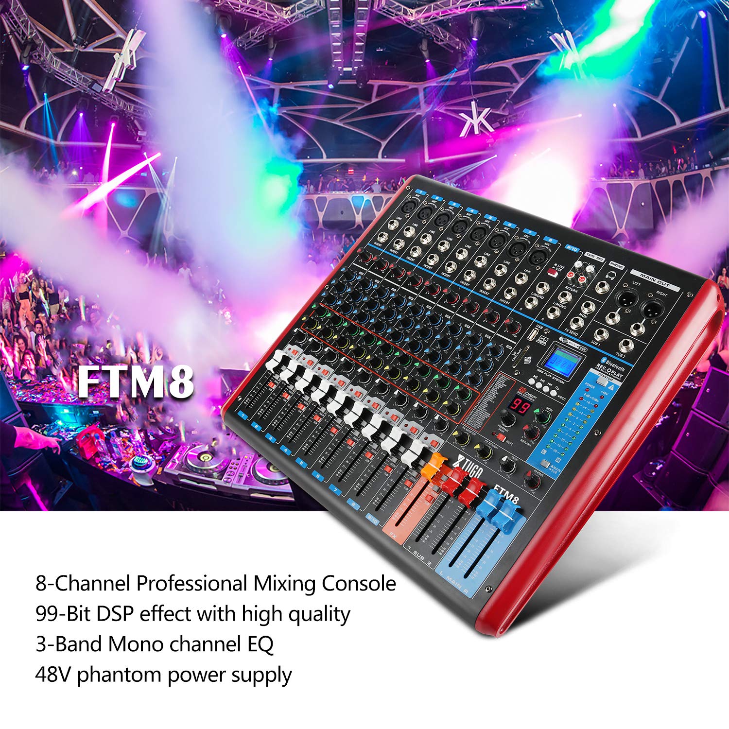 XTUGA FTM8 8-Channel Professional Audio Mixer Sound Built-in 99-bit DSP Digital effect with Recordable function and Digital display MP3,Bluetooth,USB,EQ,Effects (8-Channel)
