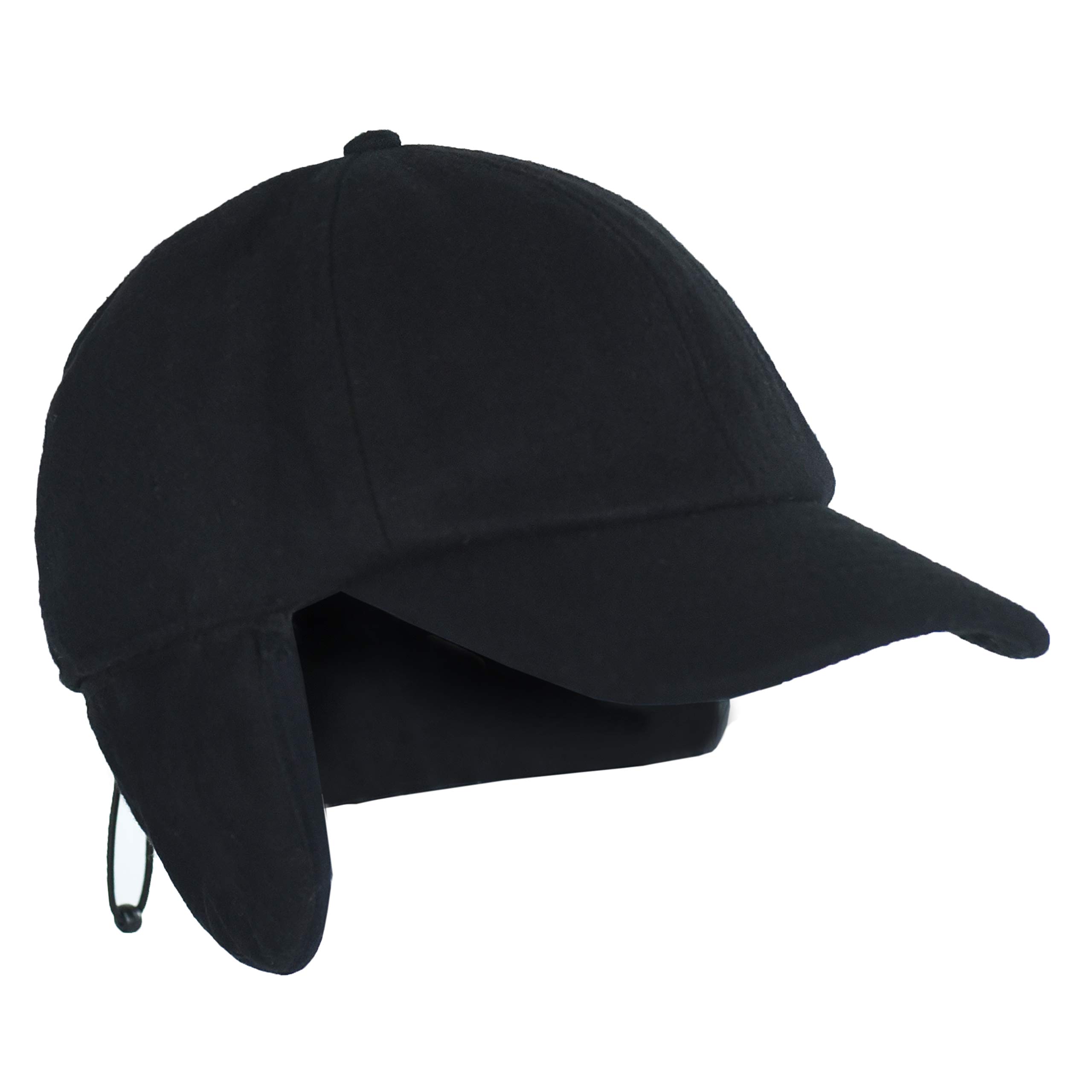 Unisex Cold Weather Baseball Ball Cap with Earflap, 50 UPF-UV Sun Protection Wool (Classic Black Wool)