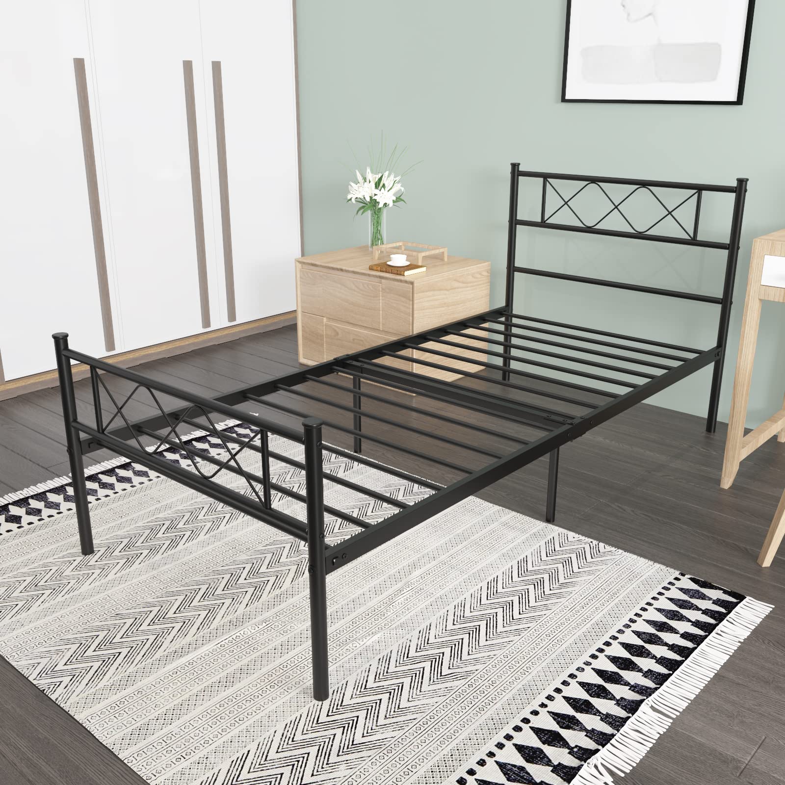 Weehom Metal Twin Bed Platform Frame Heavy Duty Steel Slat Under Bed Storage, Gold