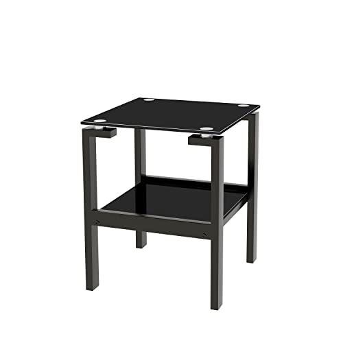 Tidyard Black Tempered Glass End Table with 2 Layer, Small Side Table Sofa End Side Table, Bedside Nightstand for Living Room Bedroom Kitchen Bathroom