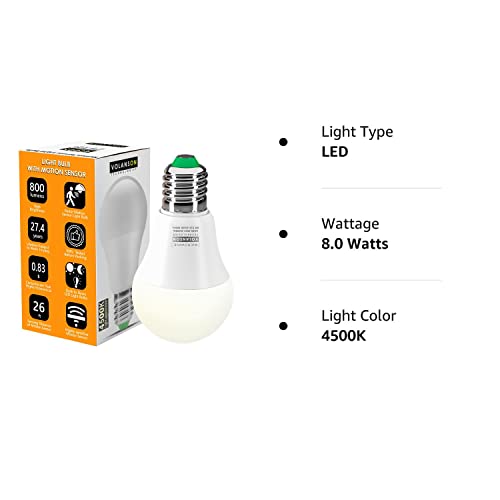 VOLANSON TECHNOLOGIES Motion Sensor Light Bulb Radar - 800lm Daylight Outdoor Indoor - Dusk to Dawn Motion Activated LED Bulbs - for Porch Garage Basement Stairwell - E26 A19 4500K Security