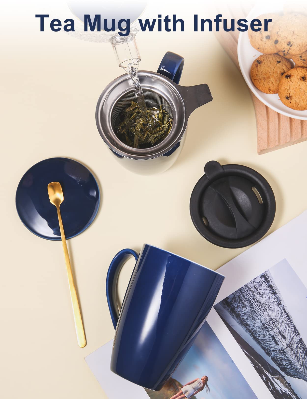 YumKubis Tea Cup Set, Two Sets Tea Cup with Infuser and Lid, 17 OZ Large Tea Infuser Mug, Ceramic Tea Mug for Women, Men, Kids