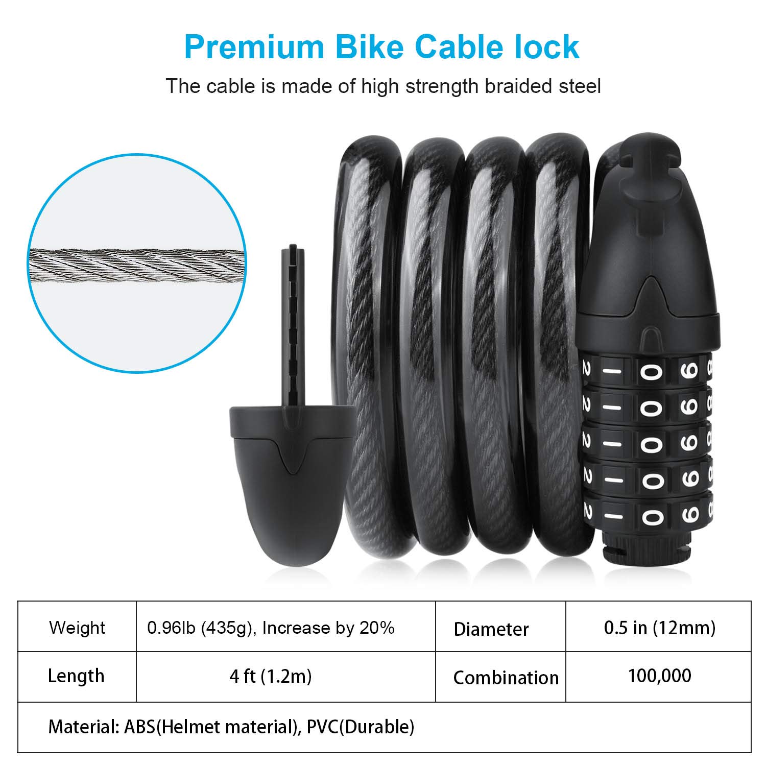 VLTAWA Bike Lock with Mounting Bracket, 4 ft Bike Lock Cable, 1/2 in Diameter High Security Bicycle Lock, 5 Digit Resettable Bike Locks with Combinations (Lightweight, 1.2mx12mm) (Black)