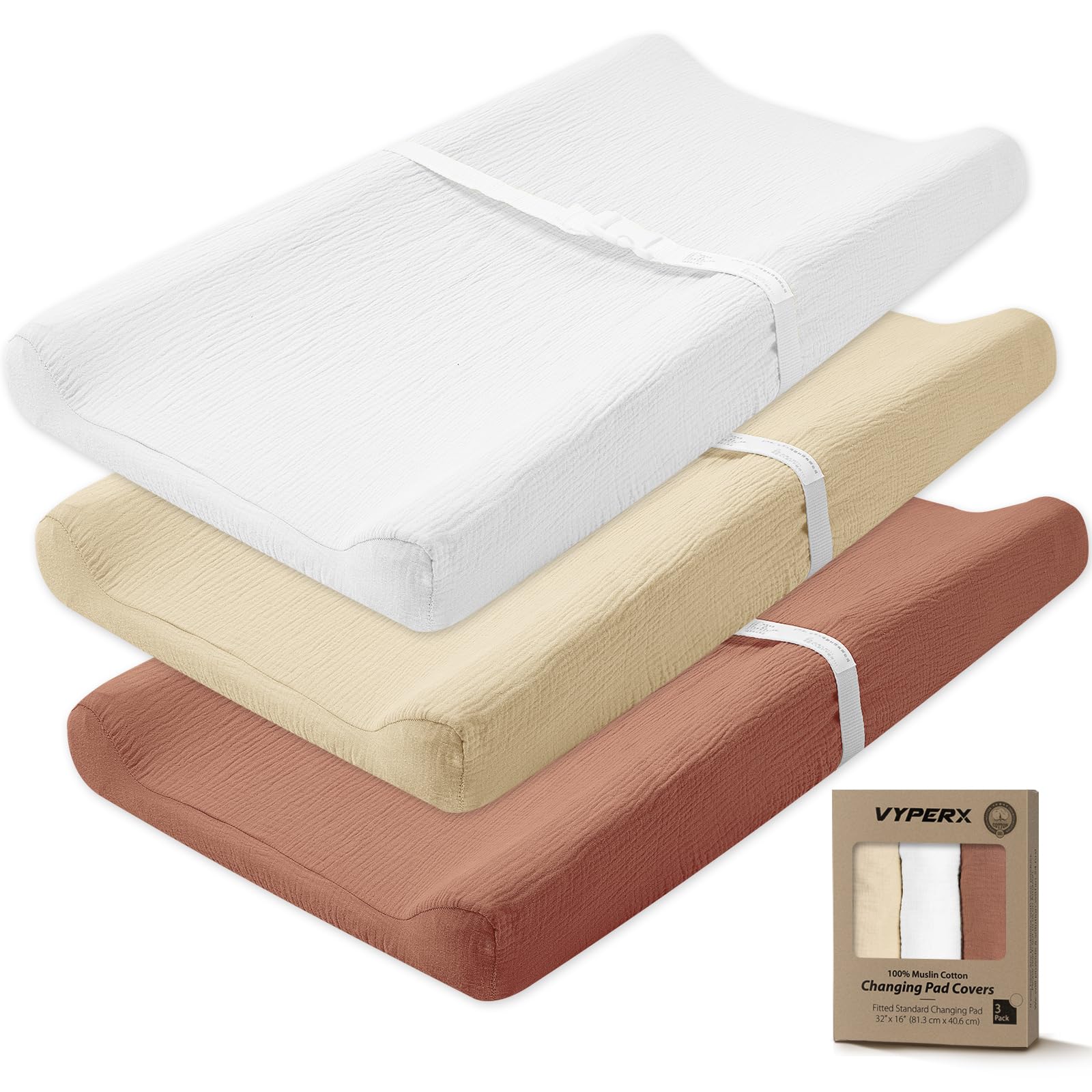 VYPERX Muslin Changing Pad Covers, Solid Color Changing Table Pad Cover, Ultra Soft Breathable Boho Changing Pad Sheets Fit for Standard Changing Pad 16" x 32", 3 Pack (White & Sand & Brown)