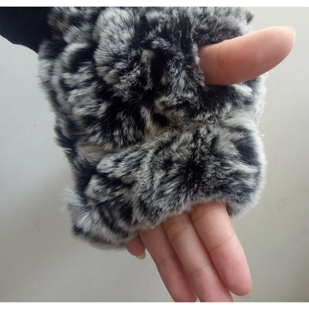 Valpeak Womens Rabbit Fur Winter Mittens Knitted Fingerless Gloves(Snowtop Black)