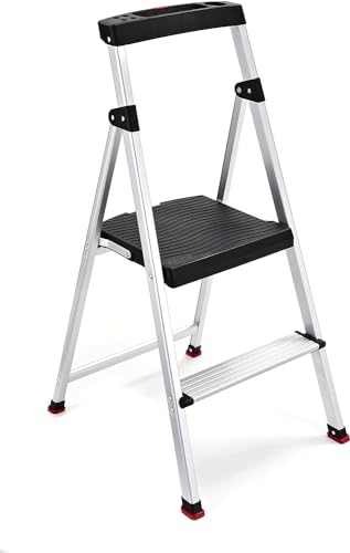 Rubbermaid RMA-2 2-Step Lightweight Aluminum Step Stool with Project Top, Anti-Slip Step Ladder, 225 lb Capacity, Silver Finish