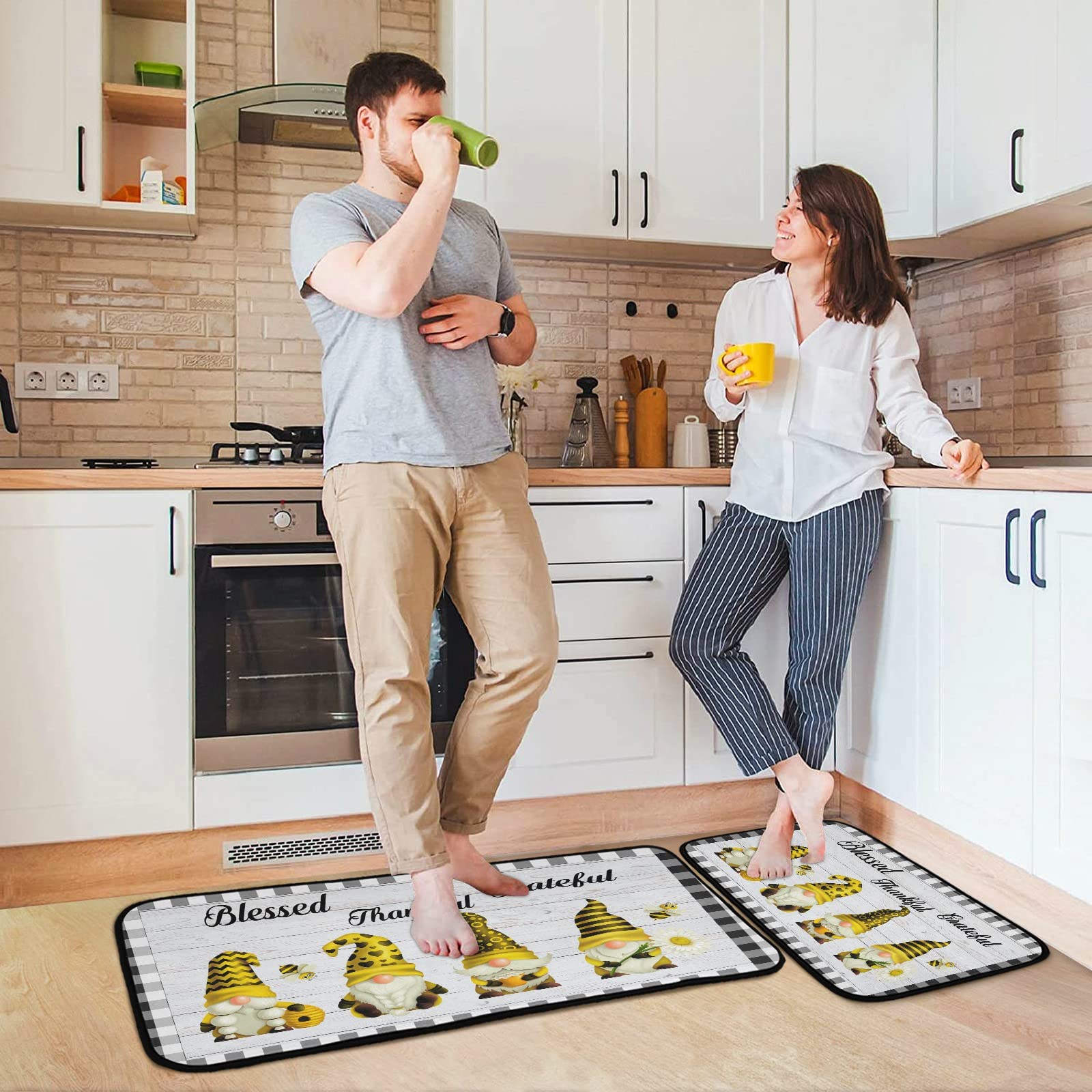 ZOEO Kitchen Mats Gnomes Set of 2 Bee Sunflower Farmhouse Floor Rug Memory Foam Shower Runner Absorbent Non Slip Light for Home Hotel Door Laundry Thick Soft Washable