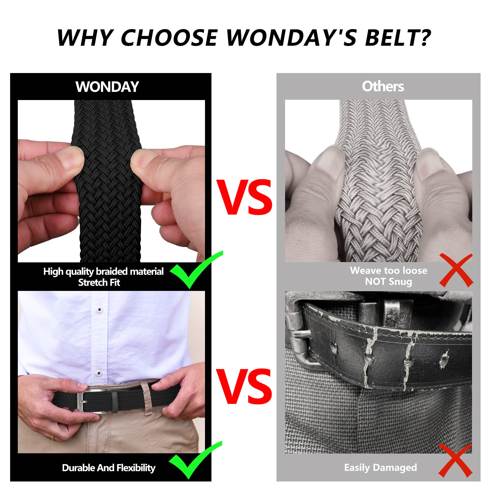 WONDAY Elastic Stretch Mens Belt, Casual Woven Braided Belt, Golf Belts for Men Jeans in Gift Box(Black,L)