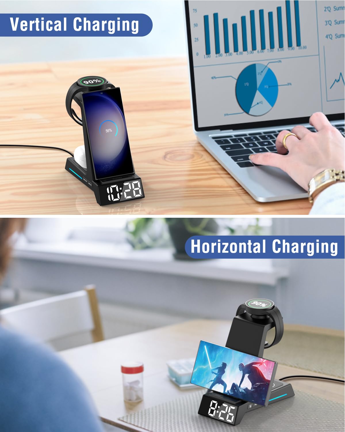 Welgo Wireless Charger for Samsung with Alarm Clock, 4 in 1 Charging Station for Samsung S23 Ultra/S22/Note 10/Z Fold4/Z Flip4/iPhone, for Galaxy Watch 5 Pro/4/3 & Samsung Galaxy Buds