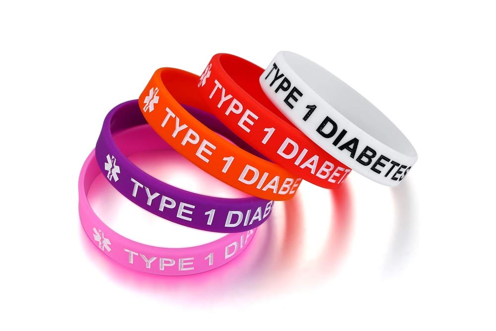 VNOX 5Pcs a Set Silicone Type 1 2 Diabetes Medical Alert ID Bangle Bracelet,7.5" (Style 3-Type 1 Diabetes)