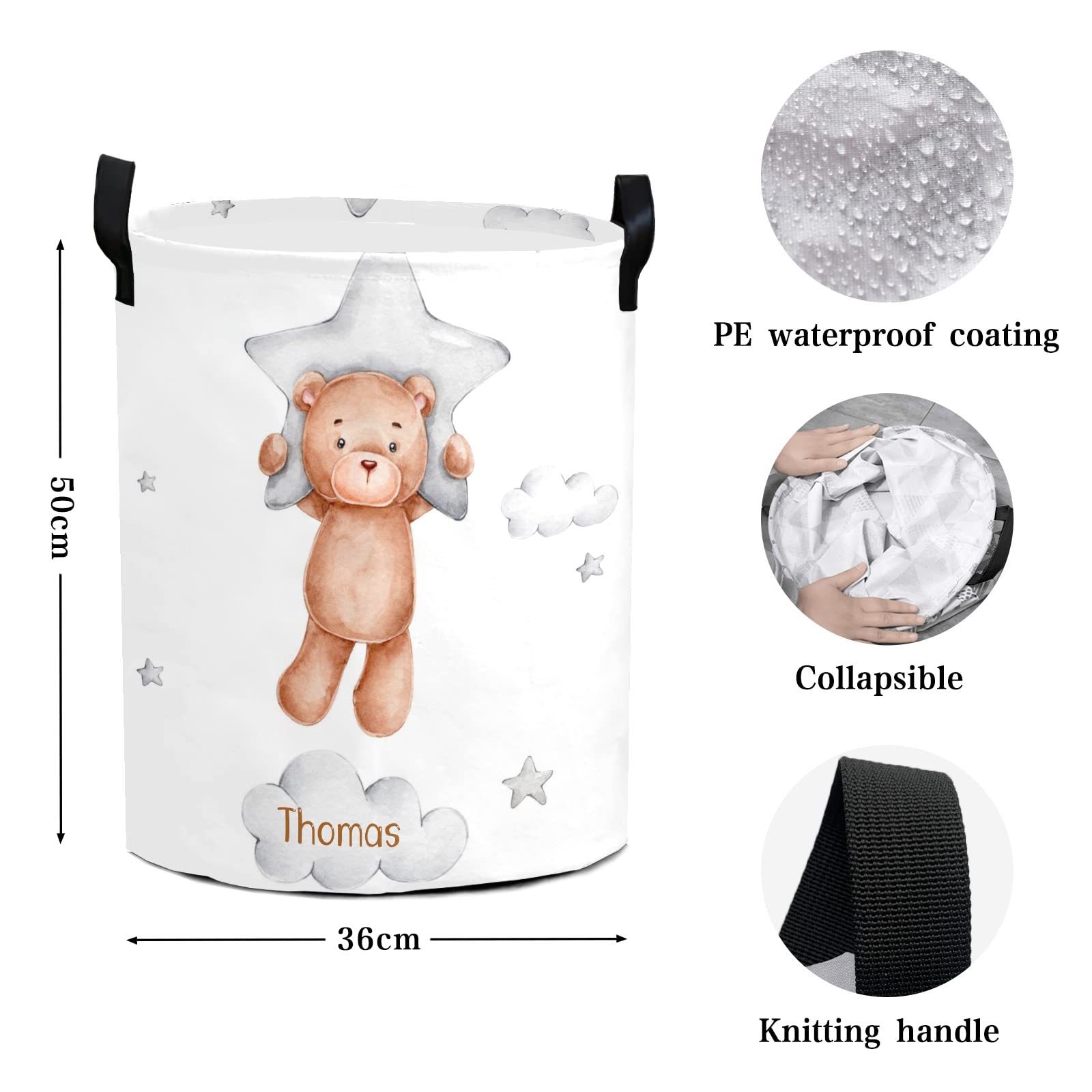 Teddy Bear Stars Personalized Laundry Hamper,Custom Name Collapsible Waterproof Laundry Basket Storage Bins with Handle for Clothes,Toy,Nursery