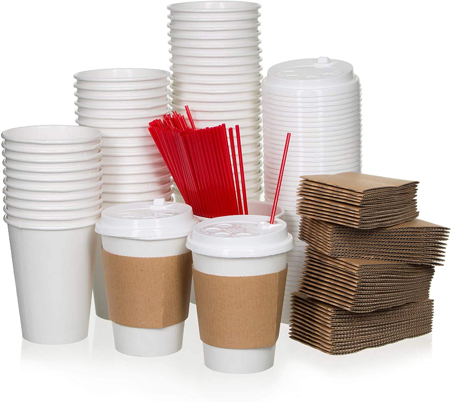 SafeWare White Coffee Cup Set - 100 Pack Disposable Coffee Cups with Lids 12 oz, Perfect for Hot Beverages, Expresso, Latte, Tea, Hot Chocolate, Includes Stirrers and Sleeves, To-Go Design