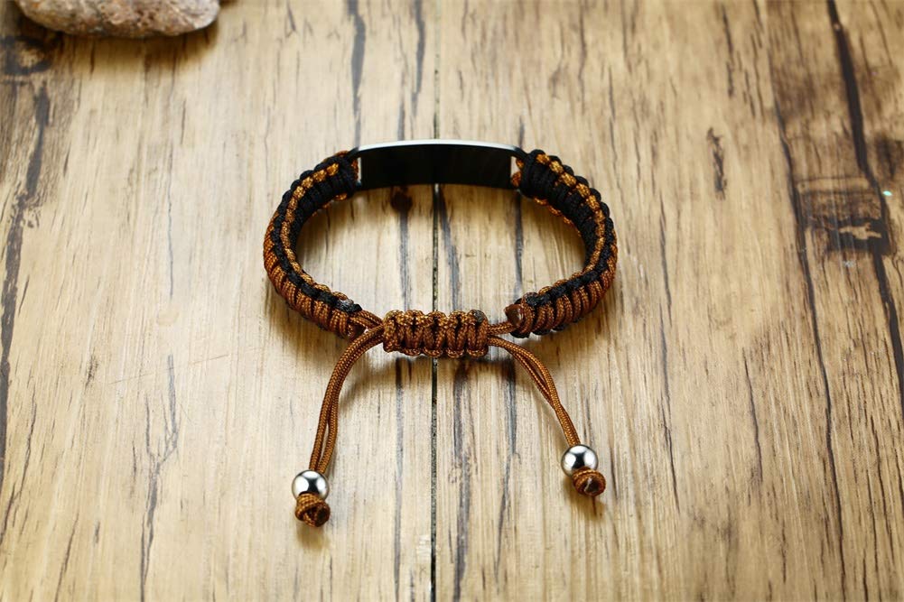 VNOX Customize Medical Alert 13MM Handmade Braided Rope Stainless Steel ID Paracord Adjustable Bracelet,Brown