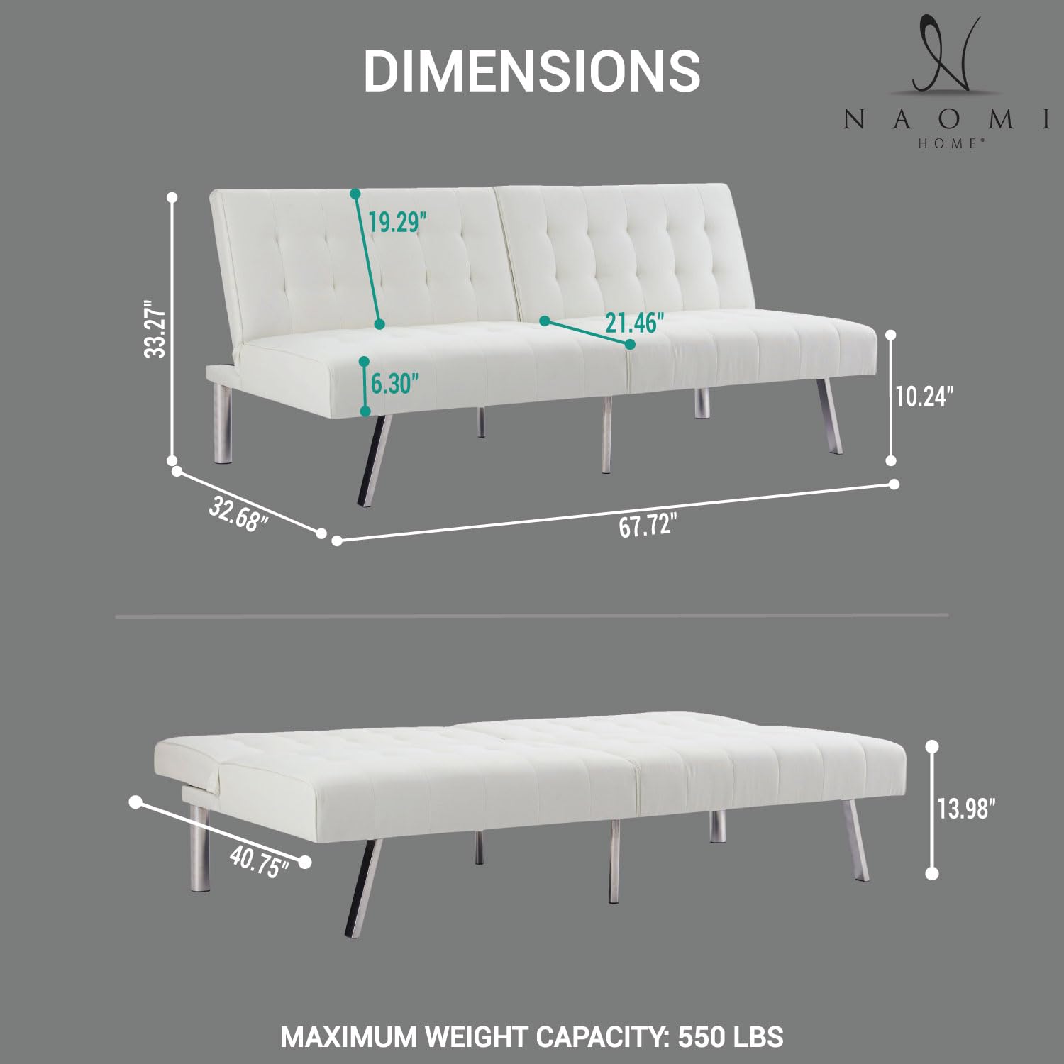 White Futon Sofa Bed, Durable Faux Leather Futon Couch, Split Back Sofa Bed Couch With Metal Legs, Folding, Reclining Small Couch Bed, Pull Out Sofa Bed, White Futon Sofa Bed For Living Room