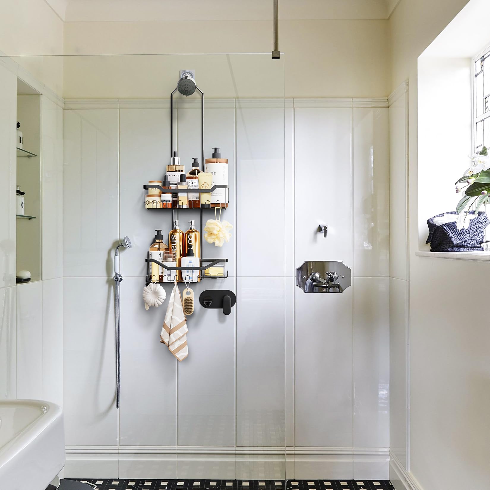 Skyapex Hanging Shower Caddy Over Showerhead: Extra Long Adjustable Shower Organizer Hanging No Blocking to Shower Head - Large Capacity Shower Caddy Hanging with Hooks Shampoo Soap Holder