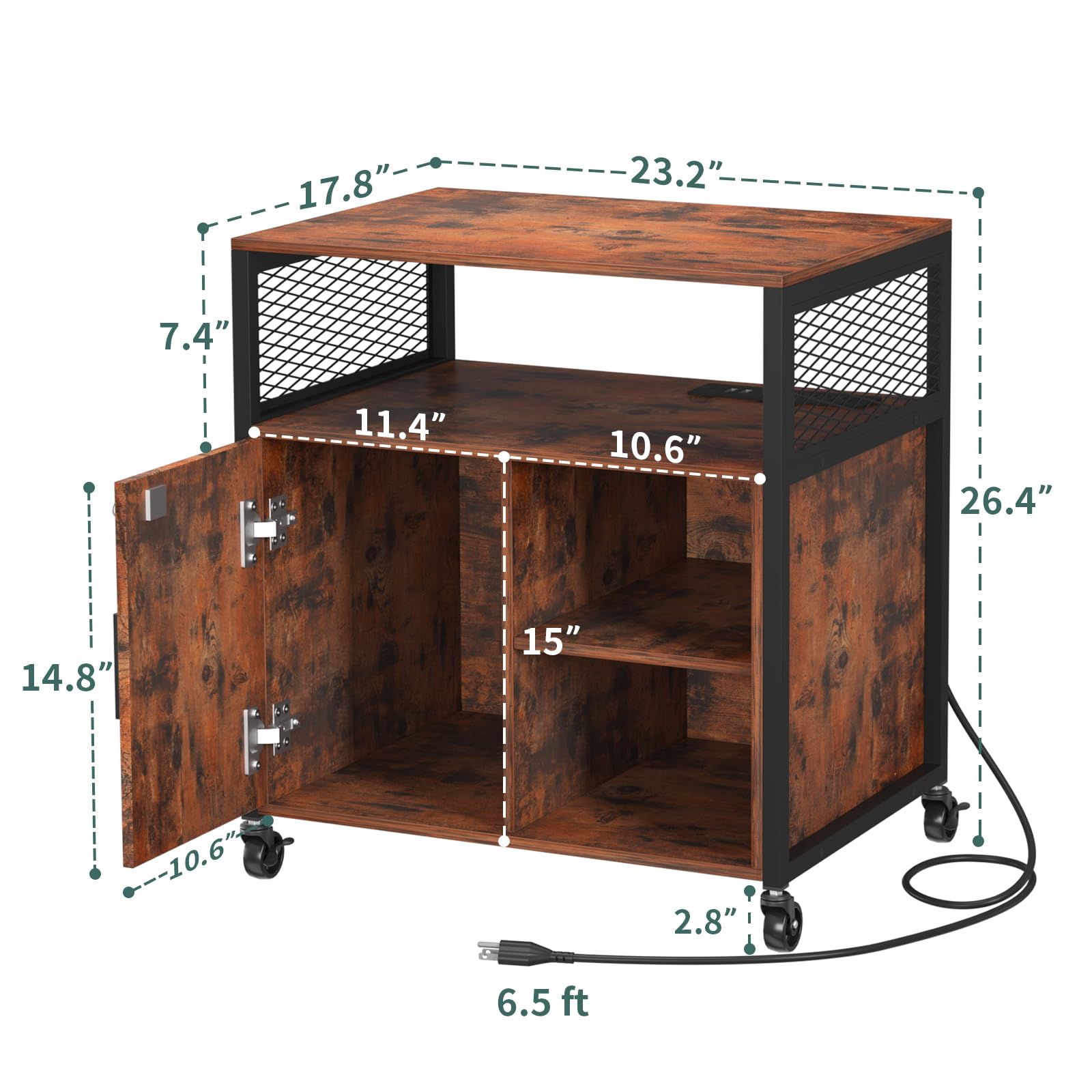 Yoobure Lateral File Cabinet with Charging Station, Filing Cabinet with Open Shelves, Rolling Printer Stand with Storage for A4 Letter Size File Folder, Office Storage Cabinet Printer Table with Lock