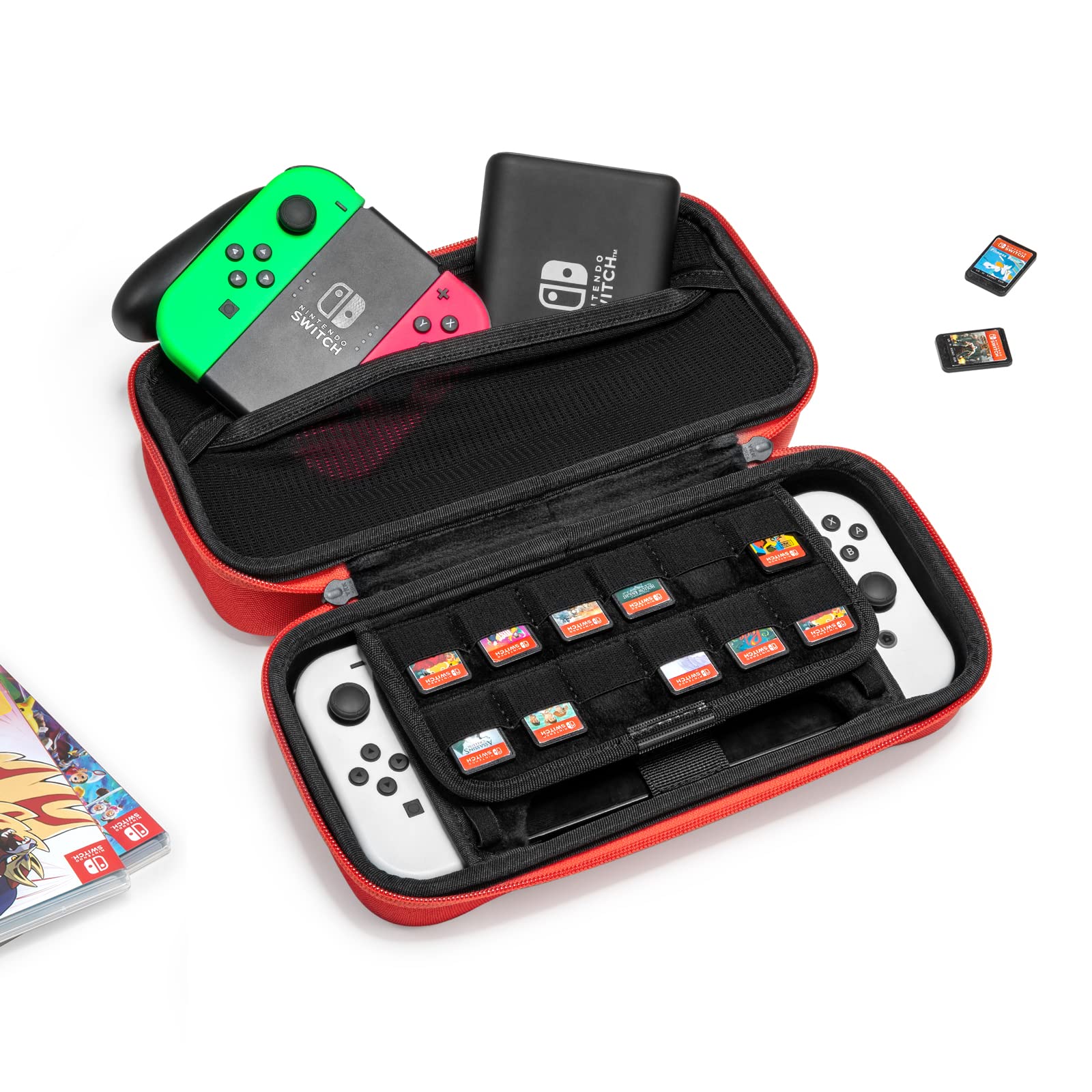 tomtoc Carrying Case for Nintendo SwitchOLED Model, Large Travel Switch Case with Pocket for Pro Controller, Joycon Grip or AC Adapter, Protective Portable Carry Case with 24 Game Cartridges,