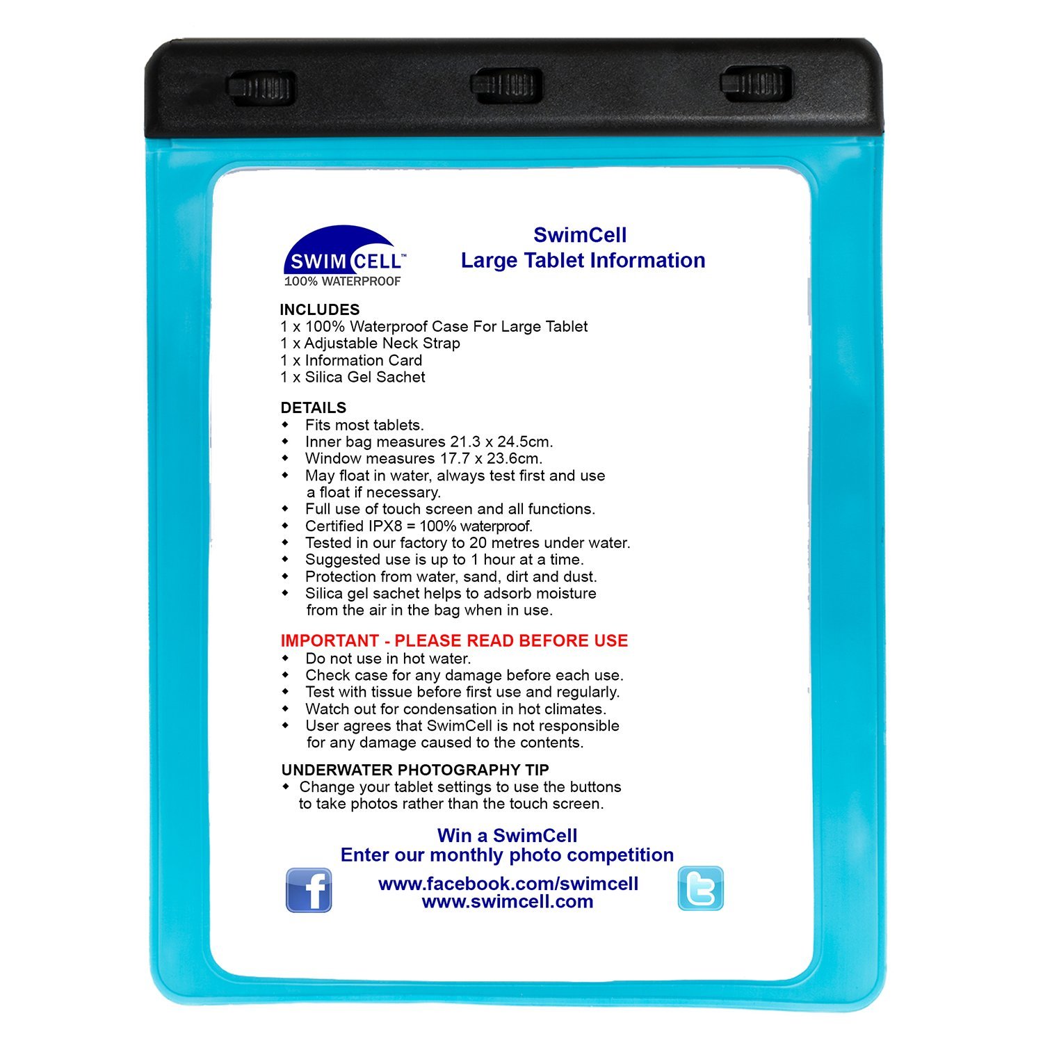 SwimCell Waterproof iPad Case for Large iPad. Kindle, Camera and Other Dry Valuables. 8.5" x 9.5". Up to 11" Screen. Tested to 20m. Easy to Use. 2 Tablet and Phone