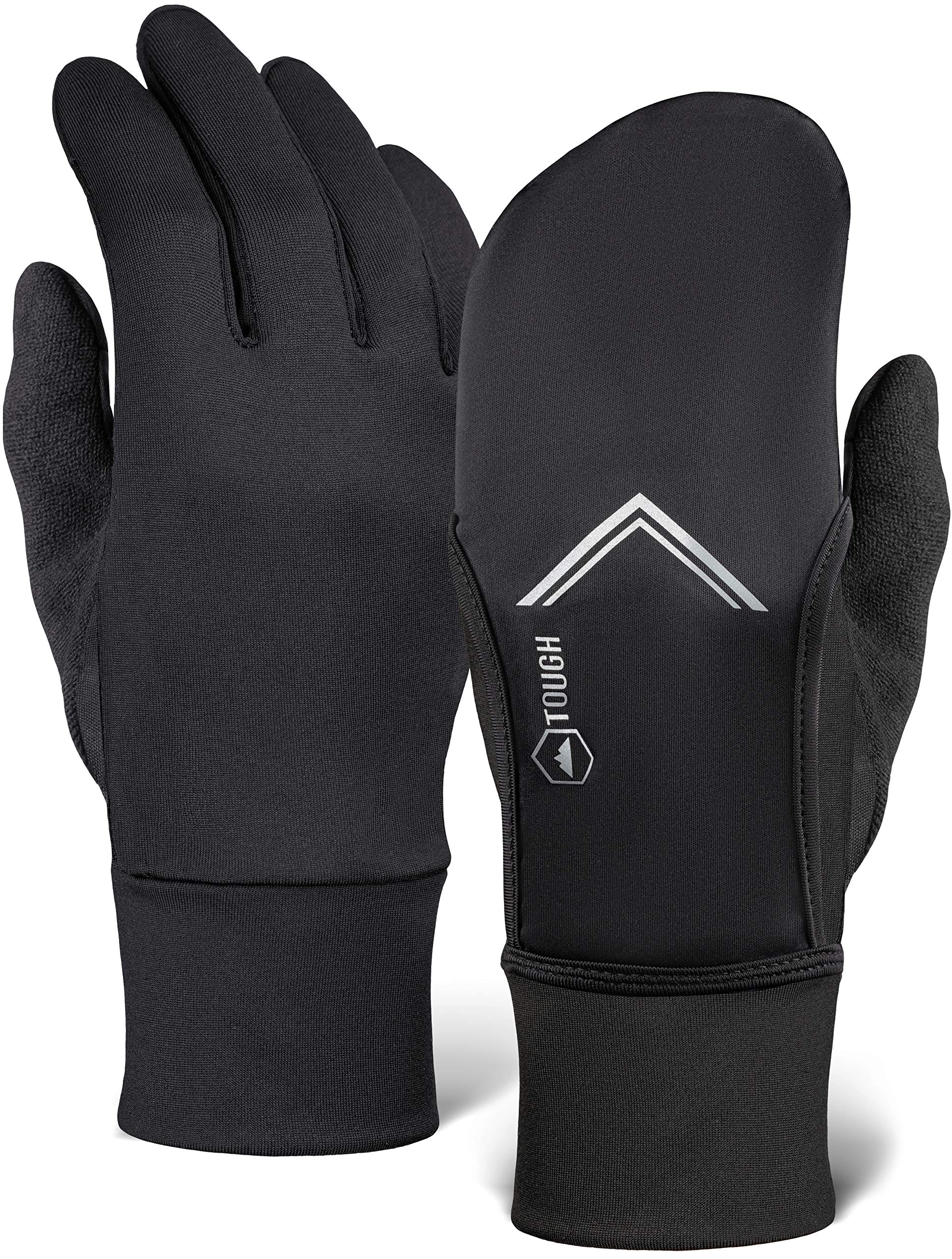 Tough Outdoors Running Mitten Gloves with Touch Screen - Winter Glove Liners with Convertible Mittens Cover for Texting