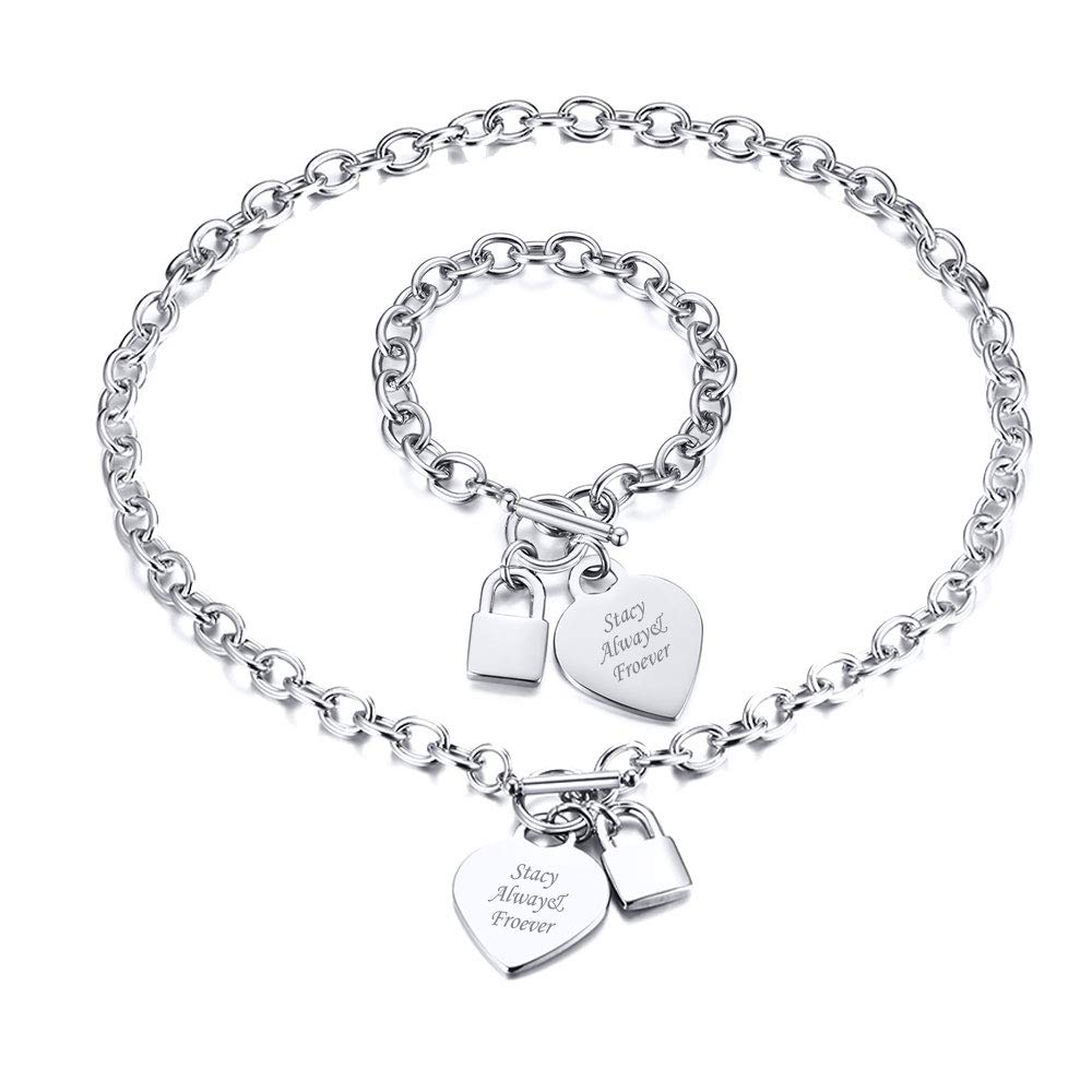 VNOX Personalized Initial Name Stainless Steel Trendy Cable Chain Bracelet Neckalce Set with Padlock Heart Charm and Toggle Clasp Closure