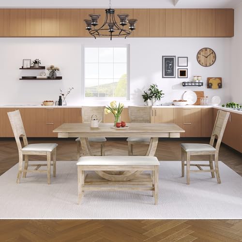 WOXYX Modern Style 6-Piece Wood Half Round Dining, Kitchen Tables-Set with Long Bench and 4 Chairs, Natural