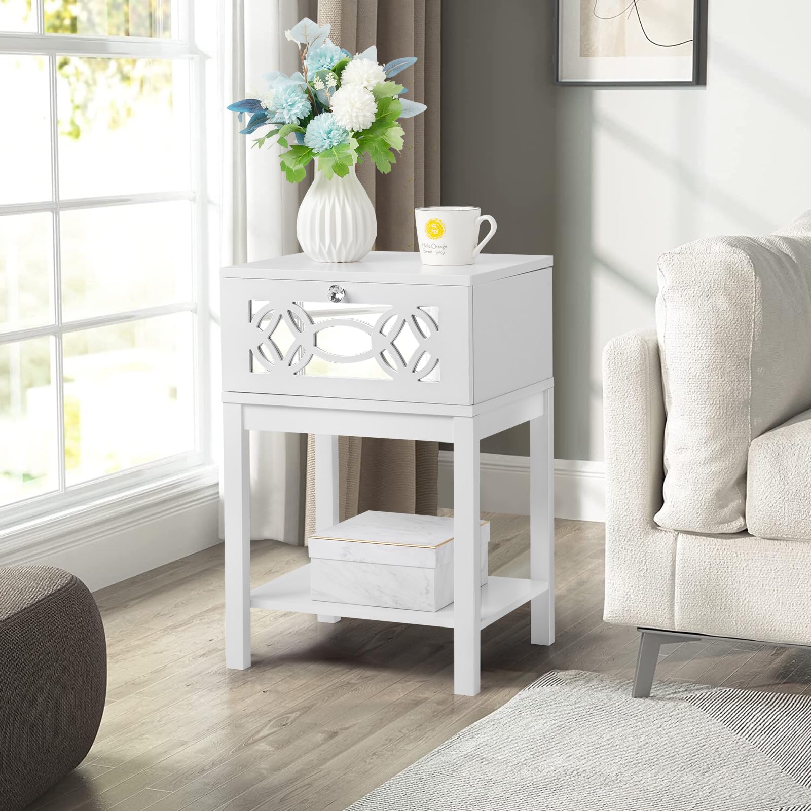 White Nightstand Set of 2, Modern Bedside Table with Mirror and Carved Design, End Table with Drawer and Open Storage Shelf, White Side Table for Bedroom, Living Room, Apartment, White