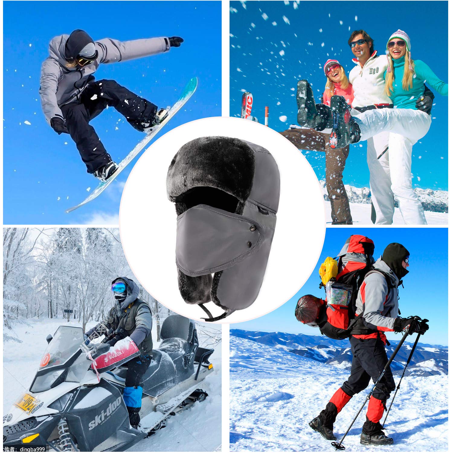 Ushanka Winter Russian Trapper Hats - Men Trooper Hat Black Hunting Skiing Cap with Ear Flaps 2 Pcs Windproof Mask for Cold Weather