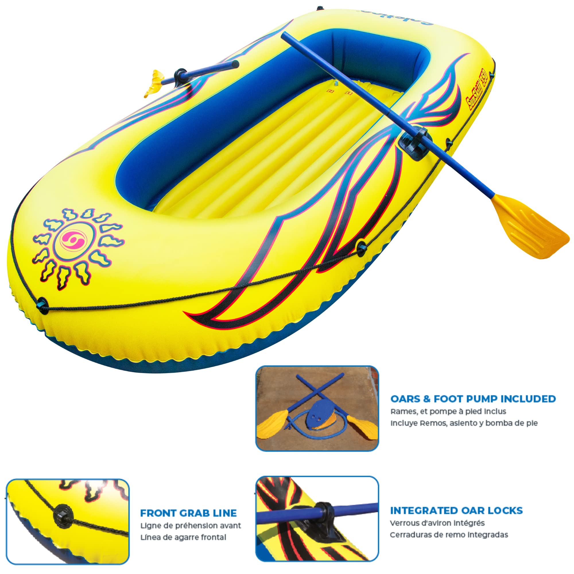Solstice Inflatable Boat Rafts 3 Person for Adults & Kids Comes W/ Oars Paddles-Pump Pole Oar Holders Cushioned Comfortable Base Grab Line 8 Ft Size Sunskiff Kits Dinghy Air Floor Yellow