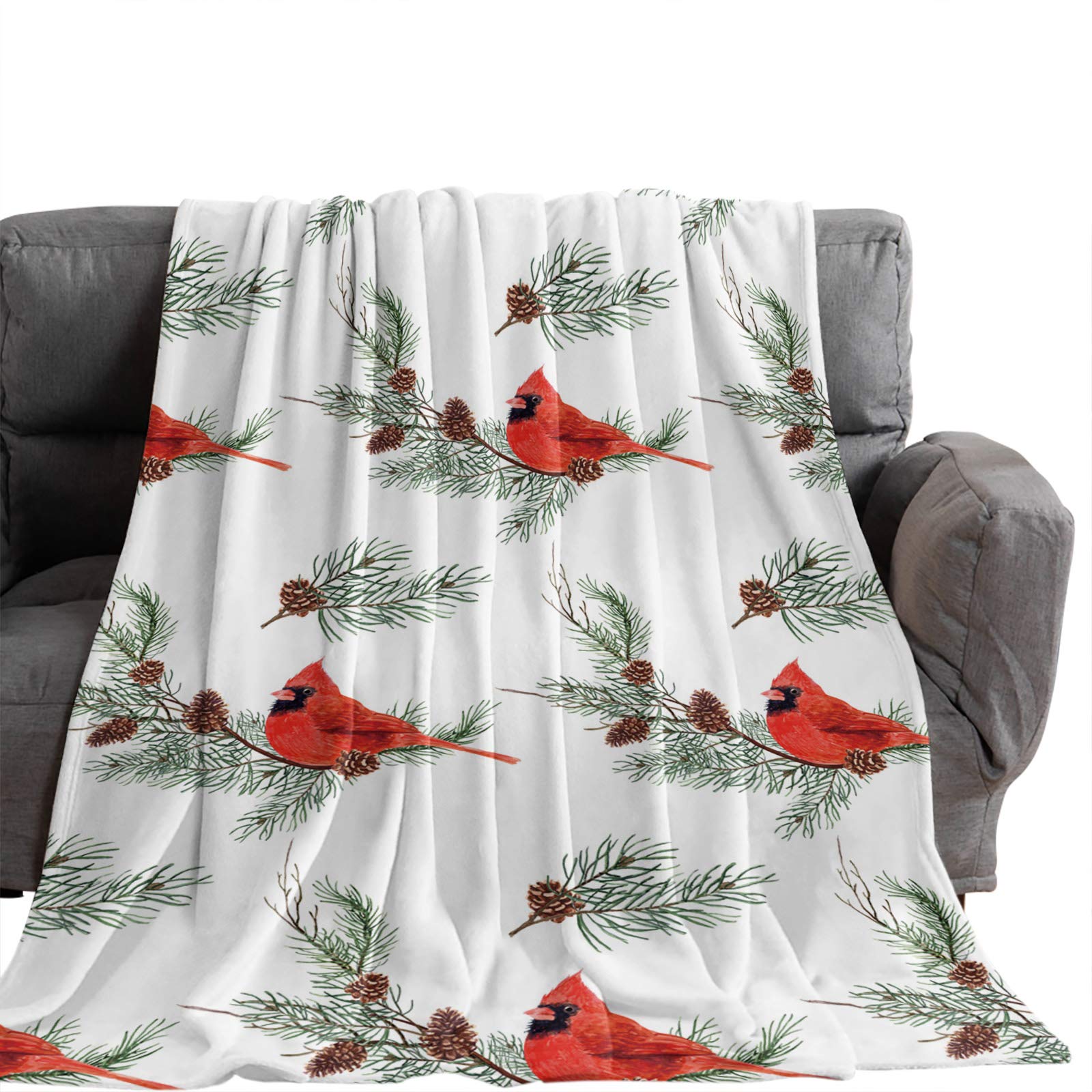SUN-Shine Christmas Cardinal Throw Blankets, Cardinal Birds with Pine Cones Leaves Fuzzy Flannel Fleece Throws Luxury Super Soft Cozy Warm Blanket for Couch Sofa Bed Chair