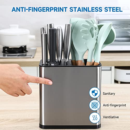 BIARTS 2 in 1 Universal Knife Block without Knives Stainless Steel Knife Holder for Kitchen Counter with Drainage Hole Knife Storage with Utensil Holder Modern Design, Rectangle, 7.7"L x 4.6"W x 7.9"H