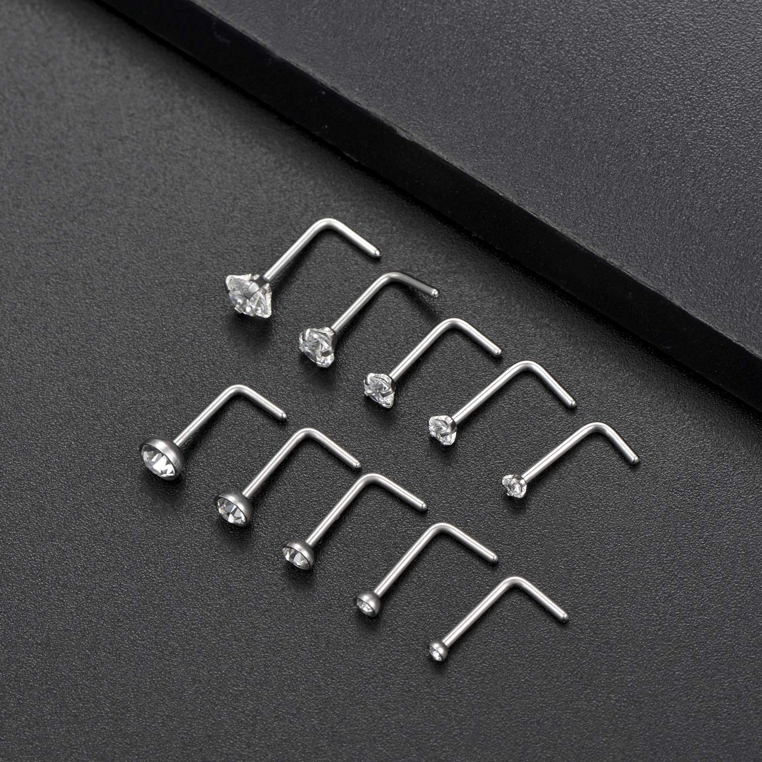 Tornito 20G 10Pcs Stainless Steel L Shaped Nose Studs Rings CZ Nose Ring Labret Nose Piercing Jewelry for Men Women Silver Tone 1.5mm-2mm-2.5mm-3mm-3.5mm CZ
