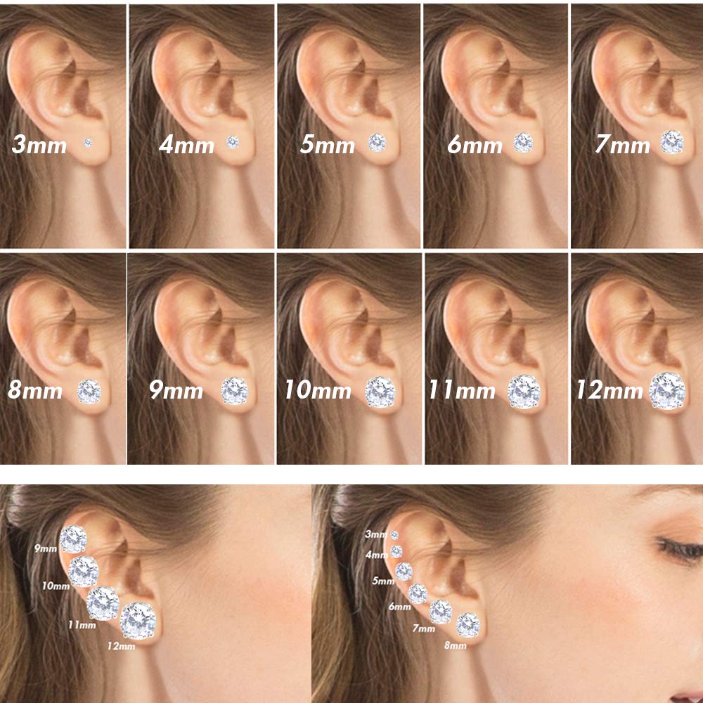Stainless Steel Round Cut Cubic Zirconia Stud Earrings With Clear Case - Gold, Silver (3mm~12mm)