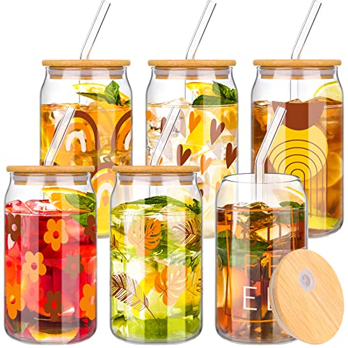 Yoiemivy 6 Pack Glass Cups with Lids and Straws, Iced Coffee Tumbler with Straw Boho Pattern Drinking Glasses16 Oz Beer Can-Shaped Glass for Iced Coffee Cola Soda Tea Juice Water