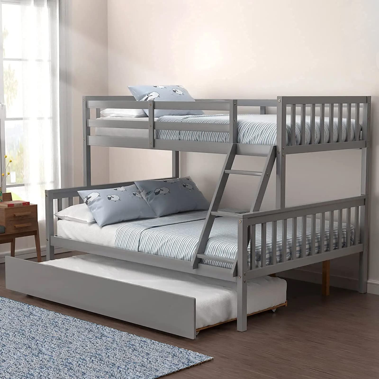 Tatub Twin Over Twin Bunk Bed with Trundle, Pine Wood Frame, Ladder and Guard Rails, Solid Bunk Bed with Trundle for Kids, Teens, Boys and Girls, No Box Spring Needed, White