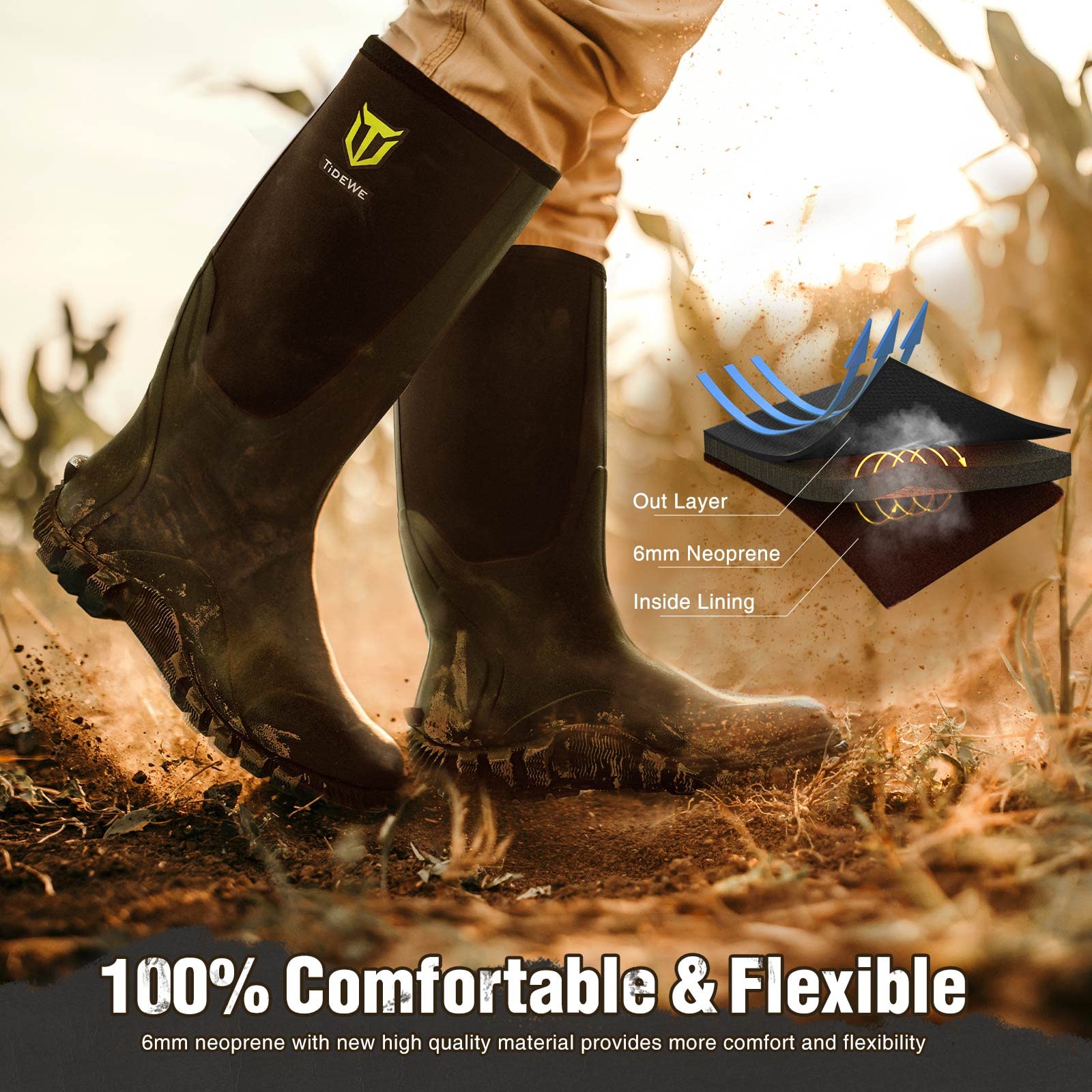 TIDEWE Rubber Boots for Men Multi-Season, Waterproof Rain Boots with Steel Shank, 6mm Neoprene Sturdy Rubber Outdoor Hunting Boots Size 11 (Black)