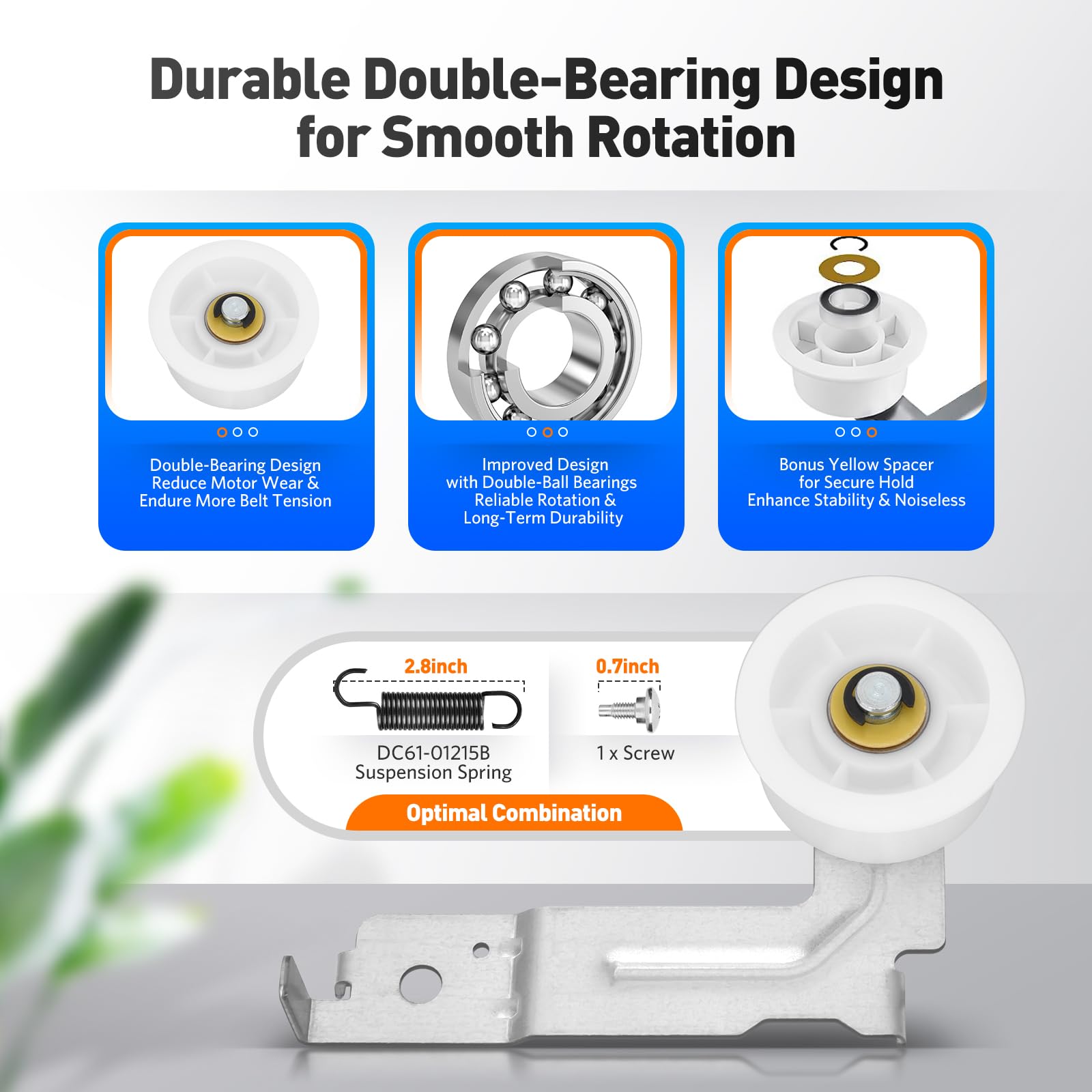 Upgraded Dryer Roller Replacement Kit for Samsung DC97-16782A Dryer Drum Support Roller DC93-00632A Dryer Idler Pulley 6602-001655 Belt Dryer Parts Fits DV42H5000EW/A3 DV45H7000EW/A2 DV48H7400EW/A2