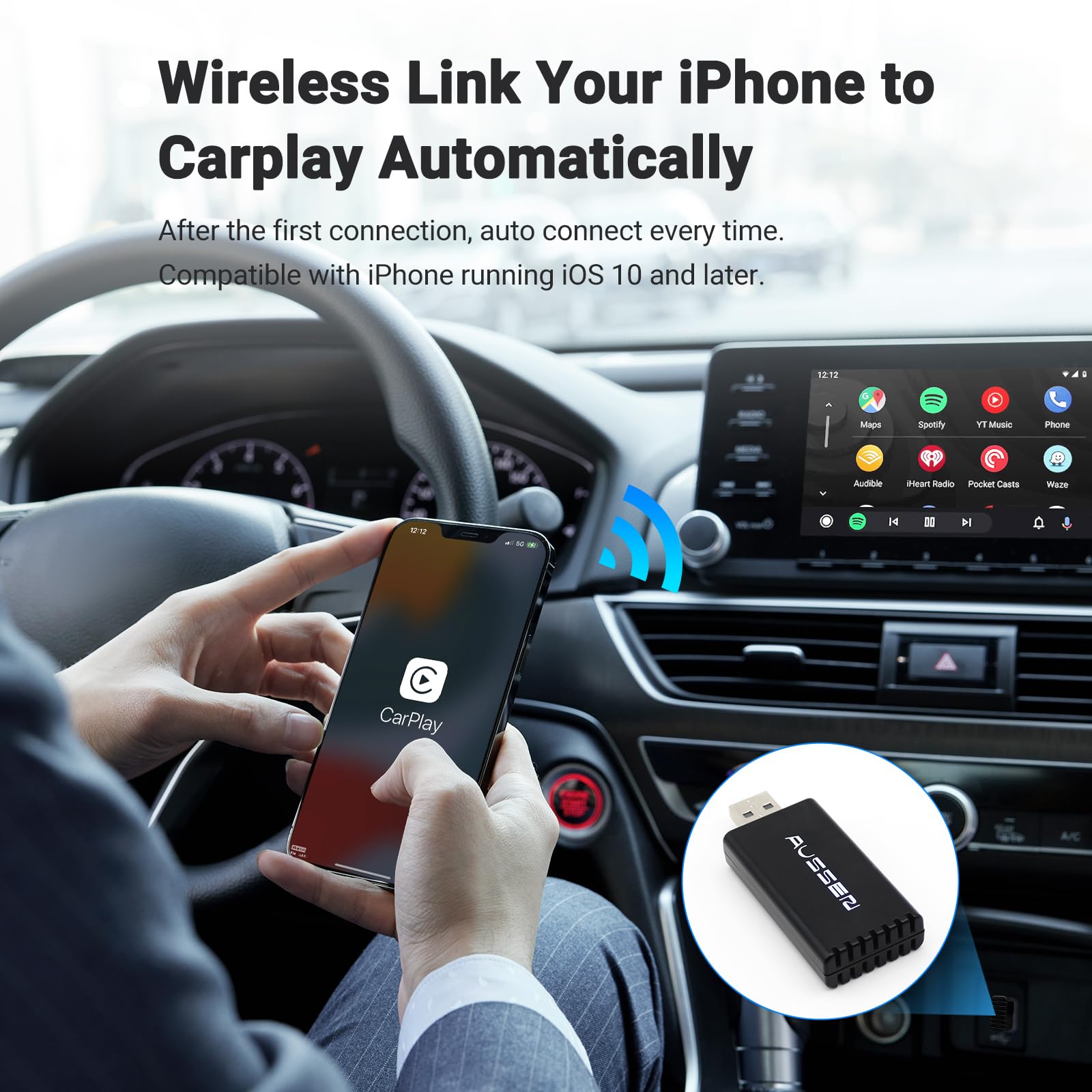 Wireless CarPlay Adapter - AUSSEN Wireless CarPlay Dongle - Dual Core Chip 5.8GHz WiFi No Lag - Convert Wired to Wireless Car Play Plug & Play for Cars from 2016 iPhone iOS