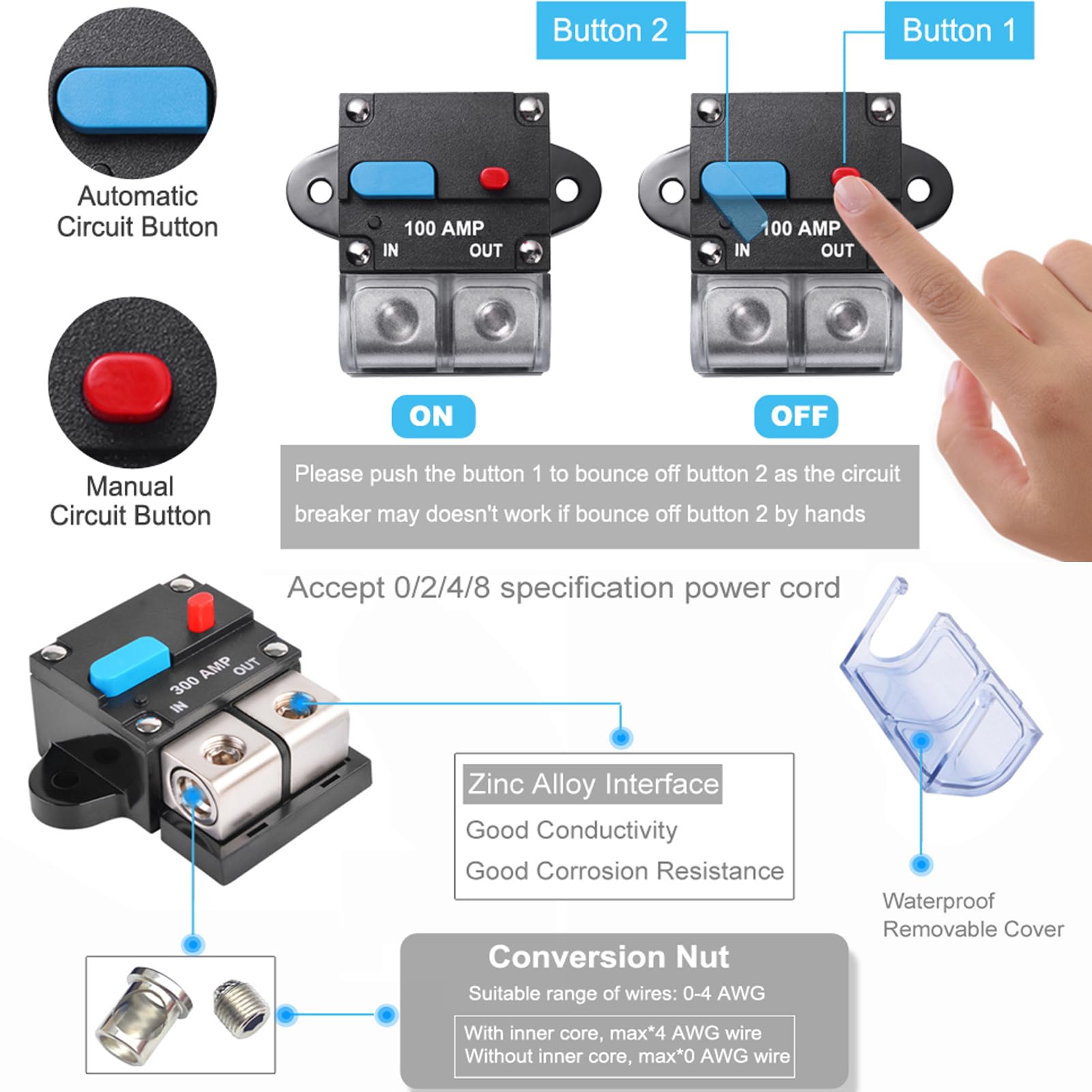 Snlazp 150 Amp Circuit Breaker Resettable Circuit Breaker Manual Reset Switch Button for RVs Trolling Boat Marine Truck Vehicles Stereo Audio Electronic Battery Solar System, 12V-24VDC (150A)