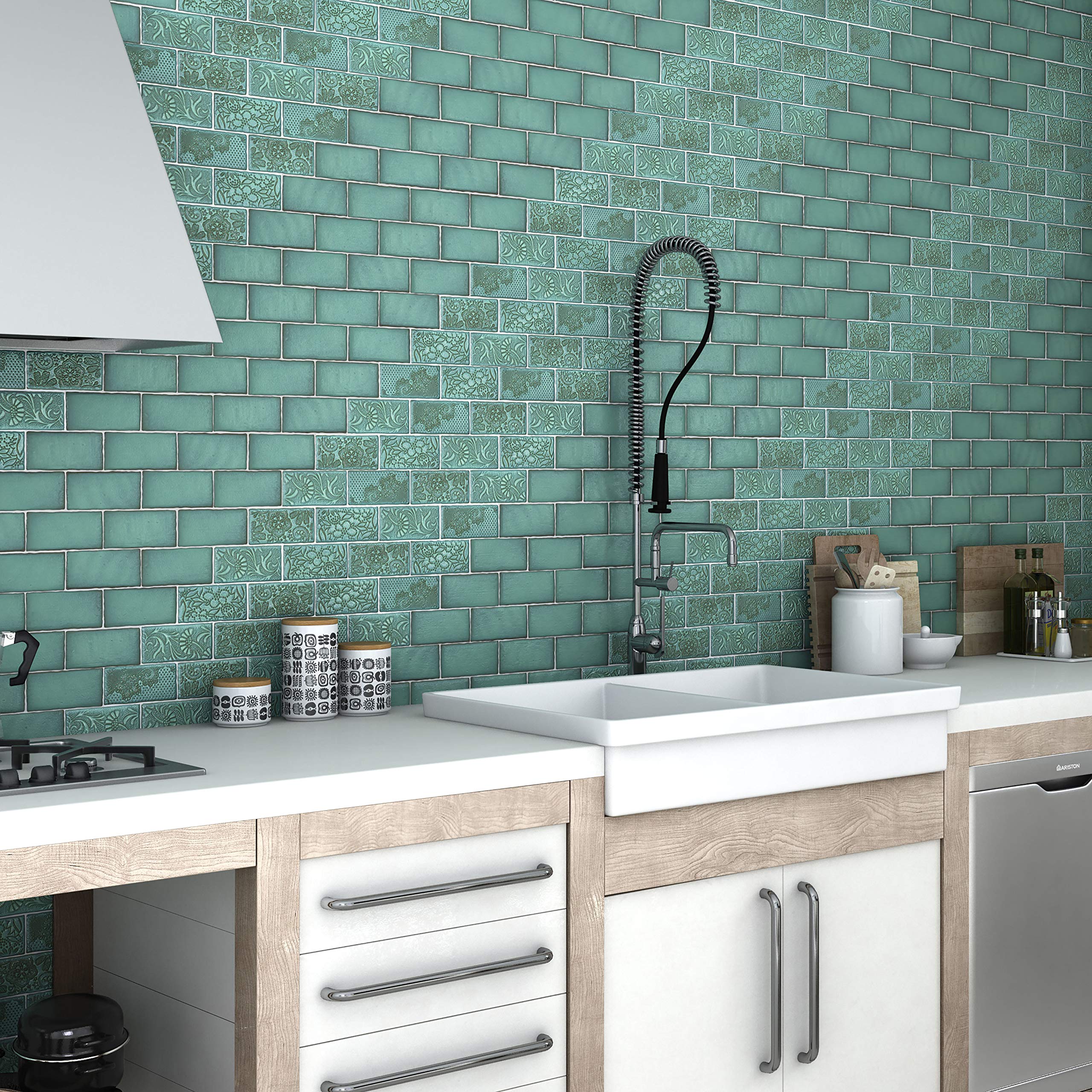 SomerTile WCVASL Antigue Special Lava Verde Ceramic Wall Tile, 3" x 6", Green/Brown